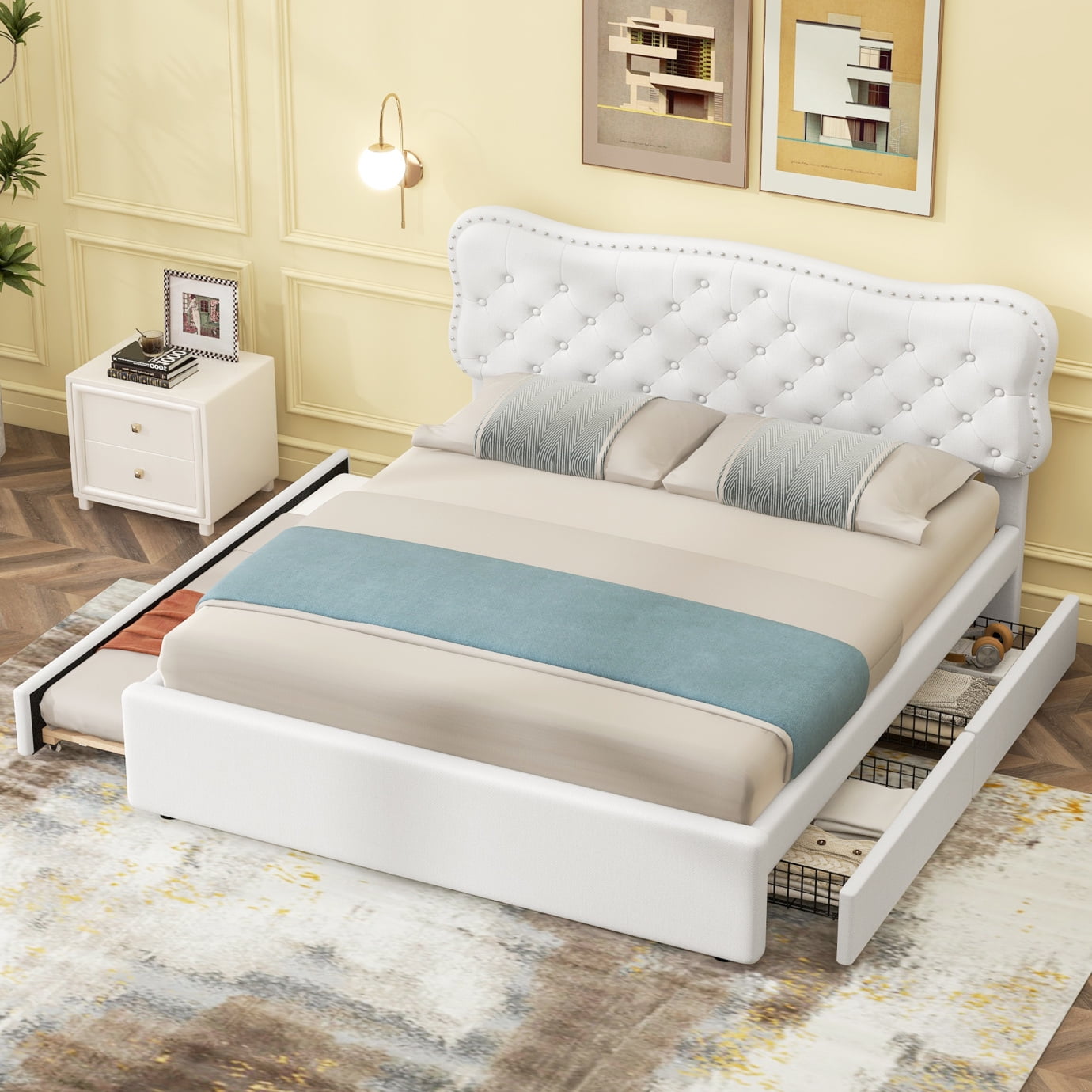 Queen Size Upholstered Platform Bed with Trundle and 2 Drawers, PU ...