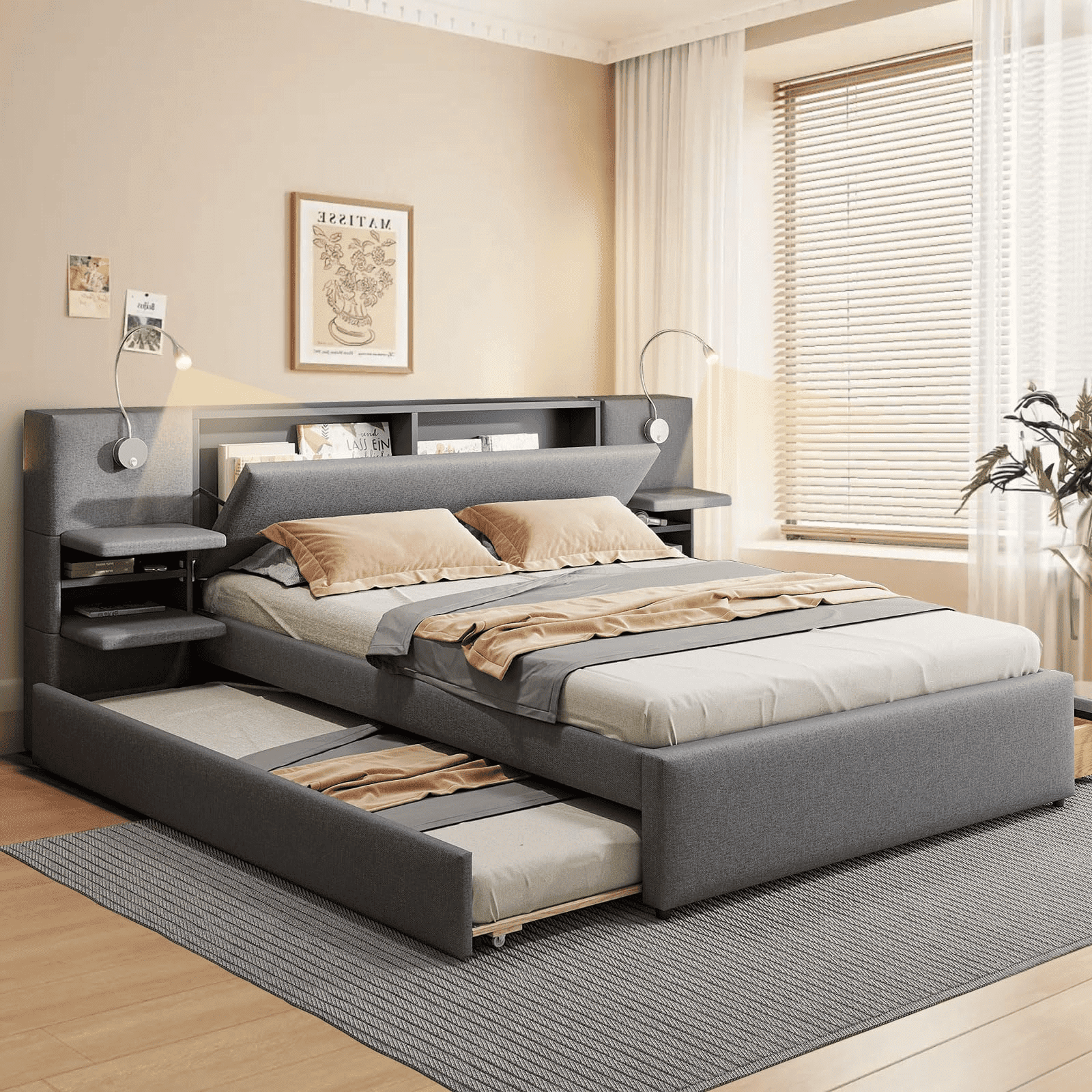 Queen Size Upholstered Platform Bed with Trundle, Storage Drawers ...