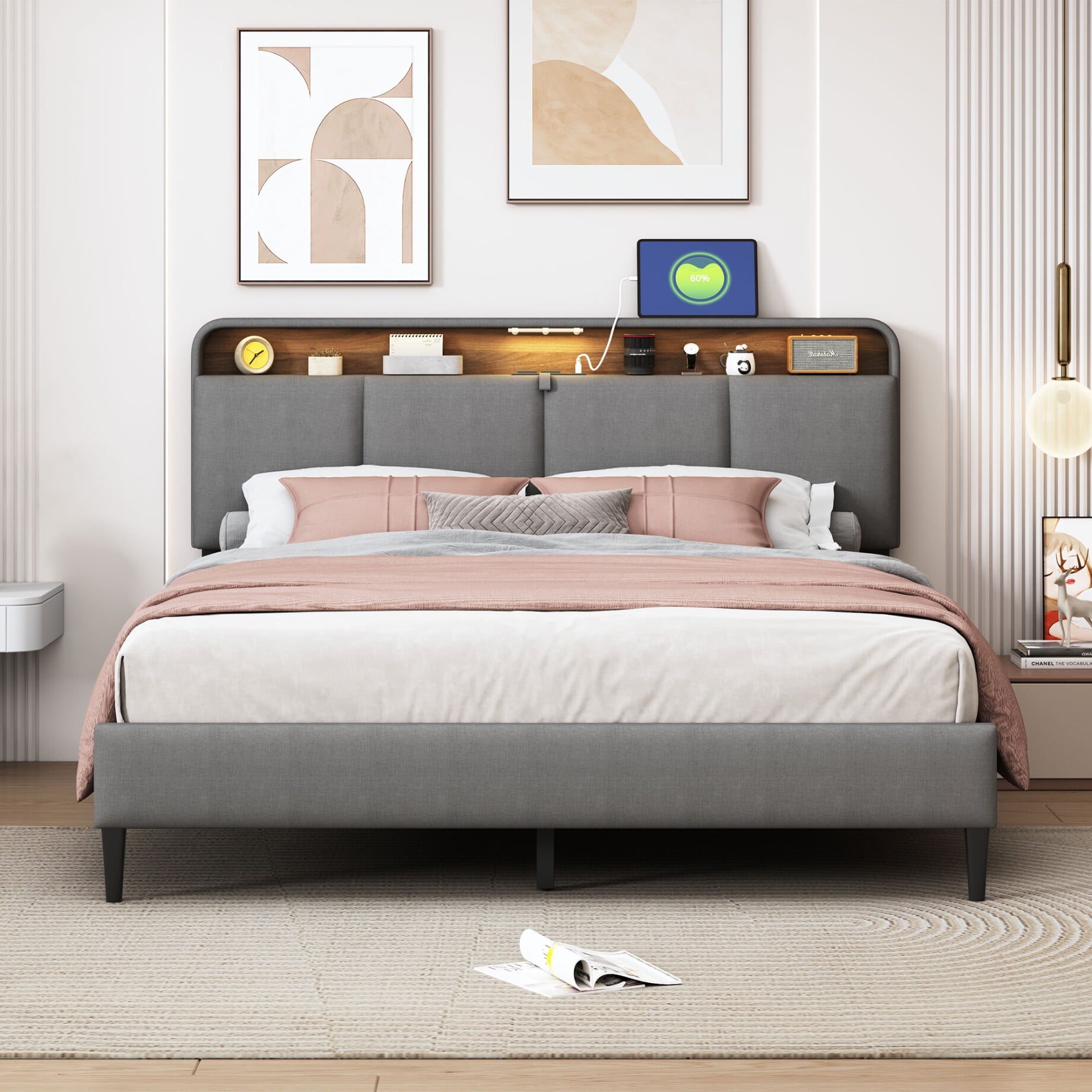 Queen Size Upholstered Platform Bed with USB Ports and a set of Sockets ...