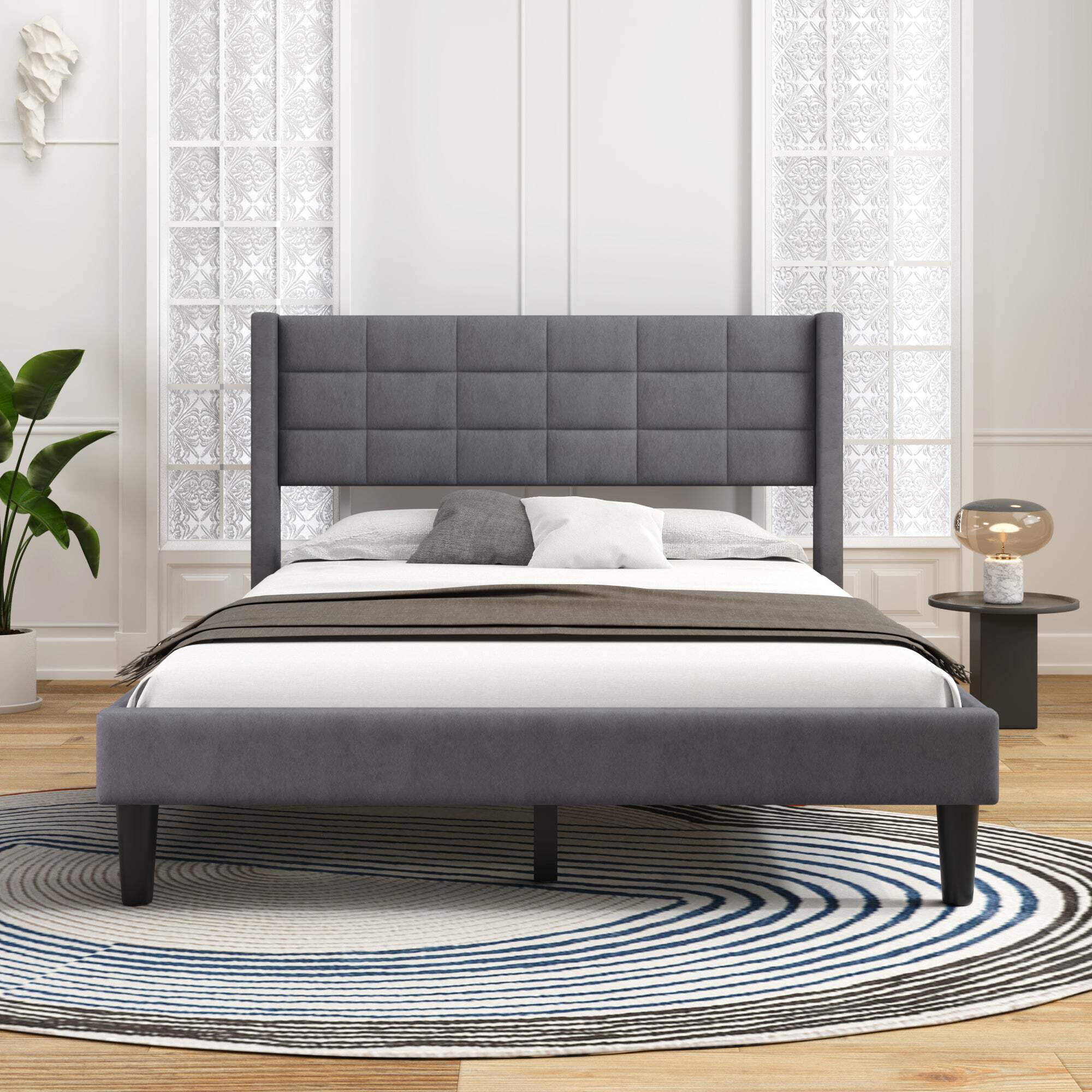 Queen Size Upholstered Platform Bed With Support Legs, Gray Box Spring ...