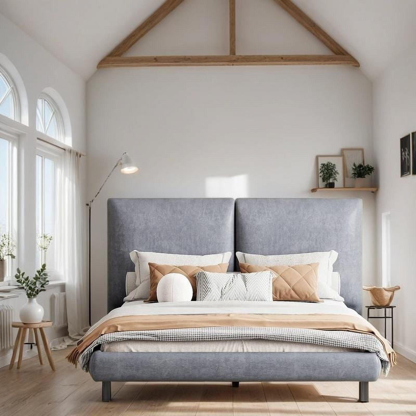 Queen Size Upholstered Platform Bed w/2 Large Headrests and Thick ...