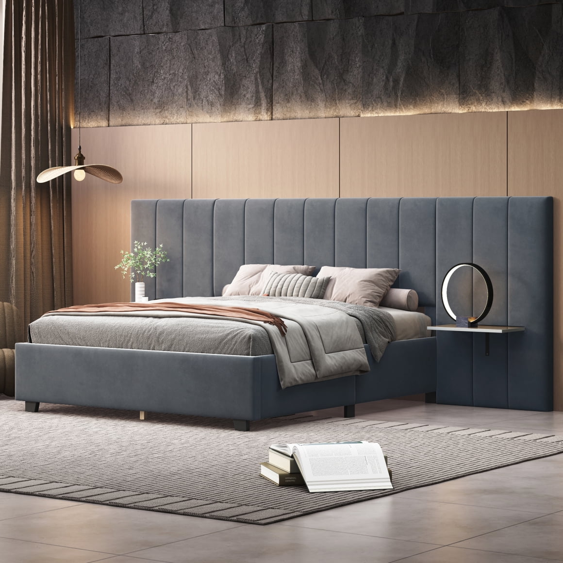 Queen Size Upholstered Platform Bed with Big Headboard, Modern Velvet ...