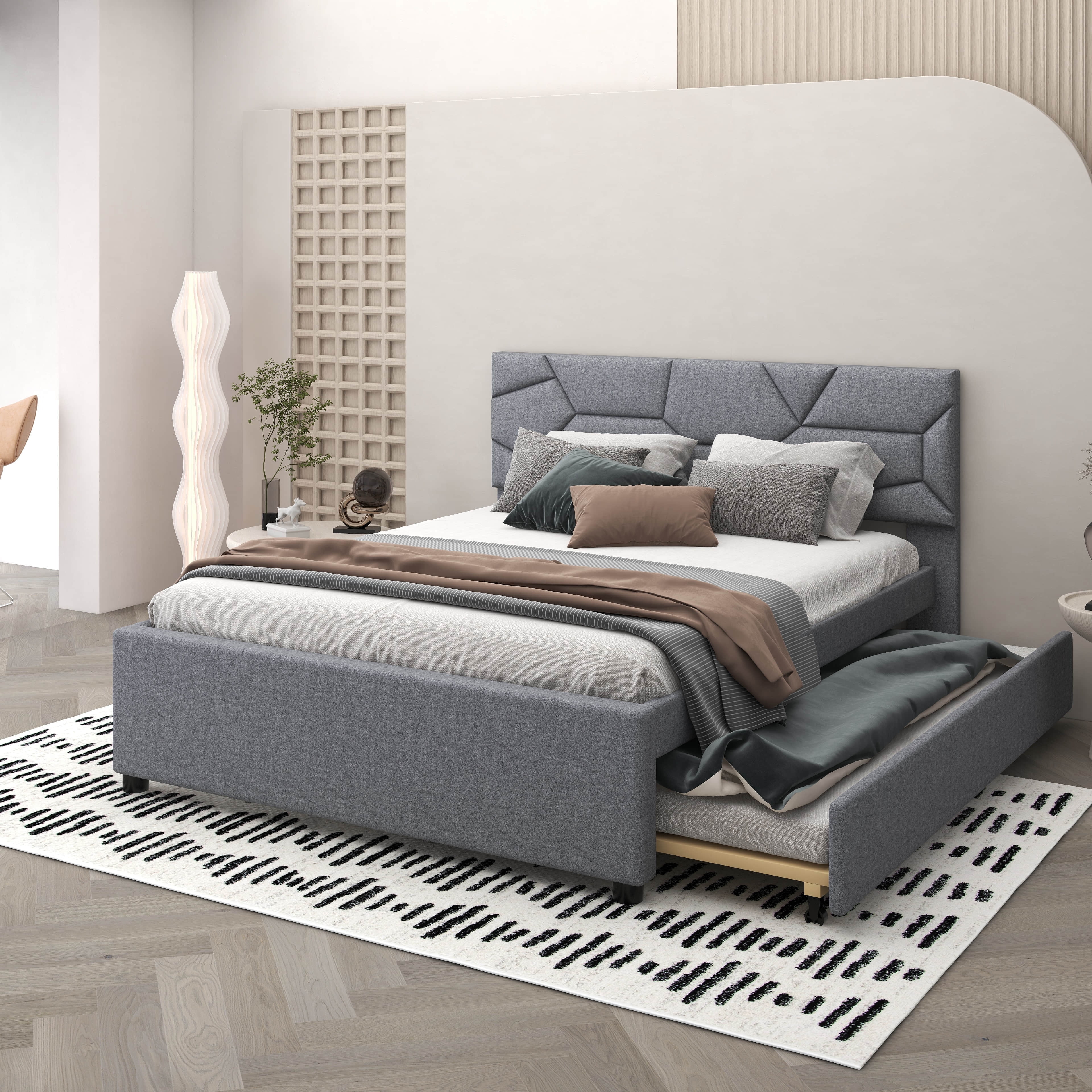 Queen Size Upholstered Platform Bed with Brick Pattern Headboard and ...