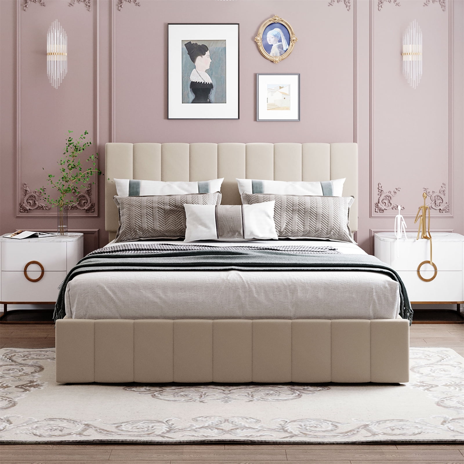 Queen Size Upholstered Platform Bed with Gas Lift up Storage, Beige Bed Frame with Hydraulic ...