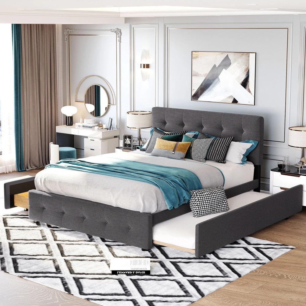 Queen-Size Upholstered Platform Bed with Hidden Storage and Trundle ...