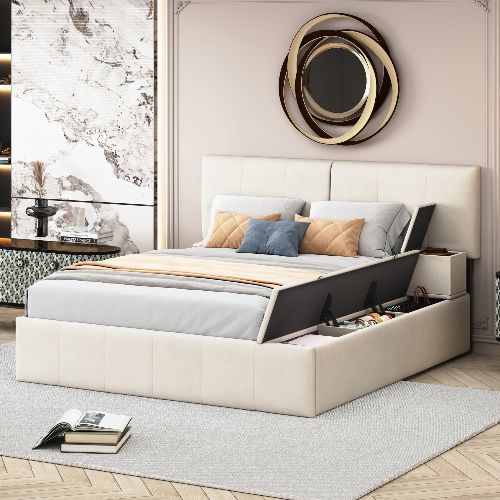 Queen Size Upholstered Platform Bed with Lateral Storage Compartments ...