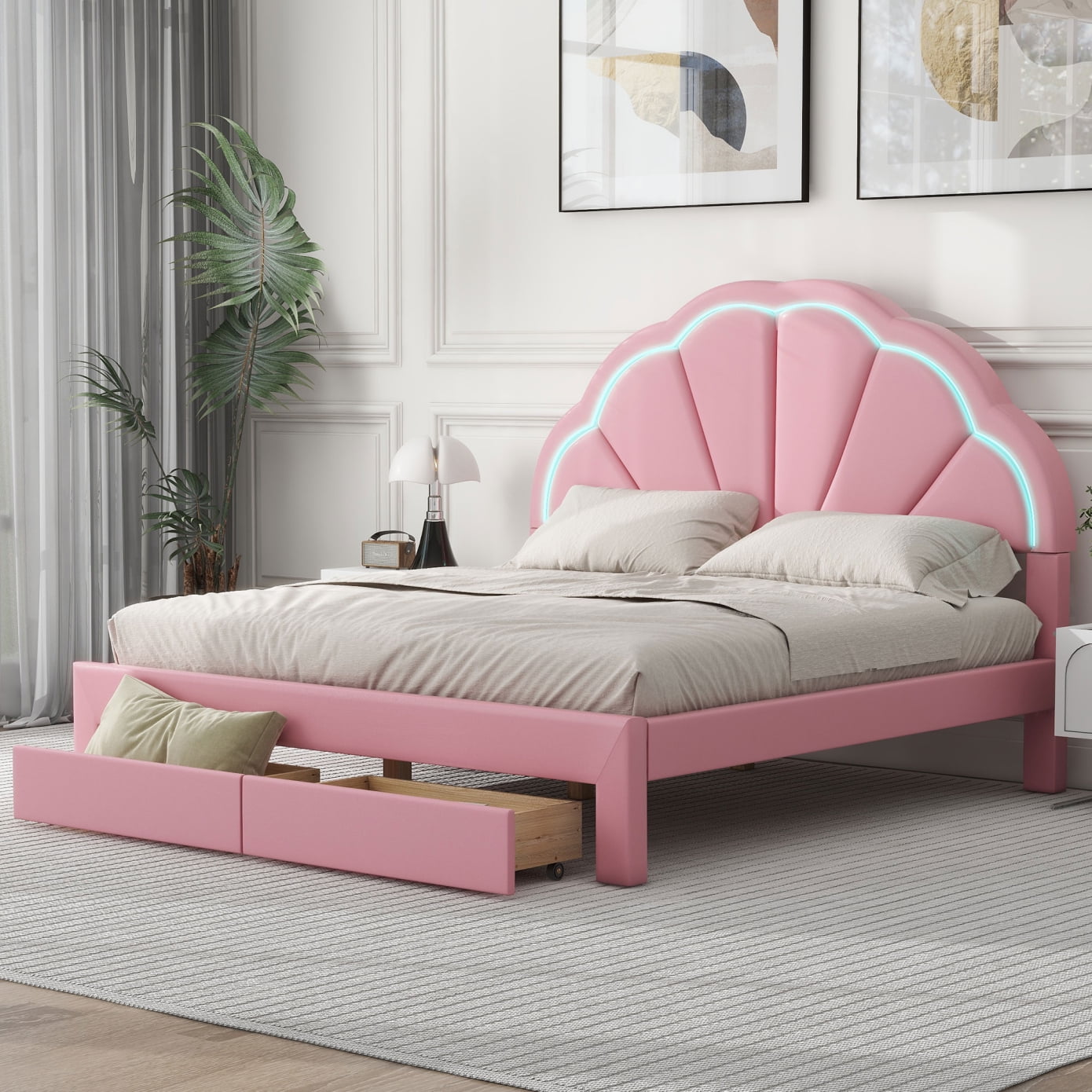 Queen Size Upholstered Platform Bed with Seashell Shaped and Faux ...