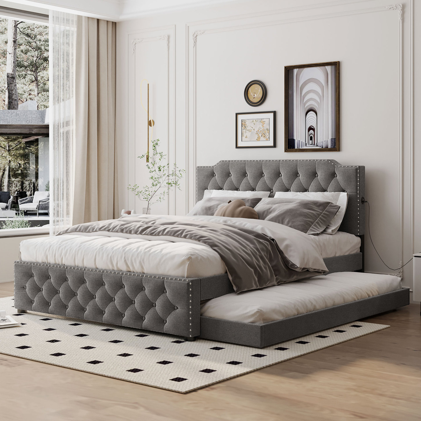 Queen Size Upholstered Platform Bed with Twin Trundle, Elegant Gray ...
