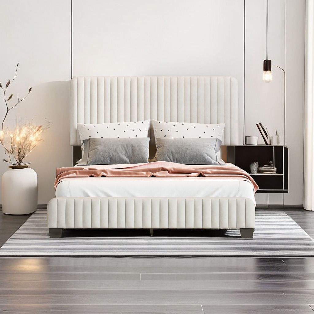 Queen Size Upholstered Platform Bed with Vertical Striped Design ...