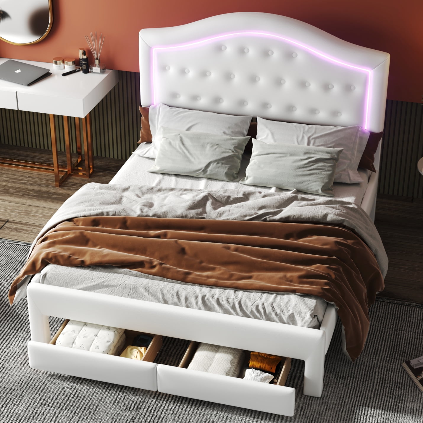 Queen Size Upholstered Smart LED Bed Frame with 2 Storage Drawers ...