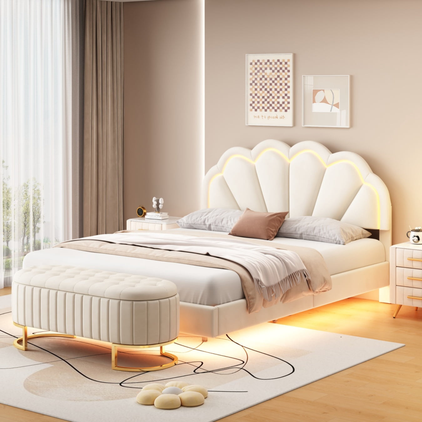Queen Size Upholstered Smart LED Bed with Storage Ottoman, Floating ...