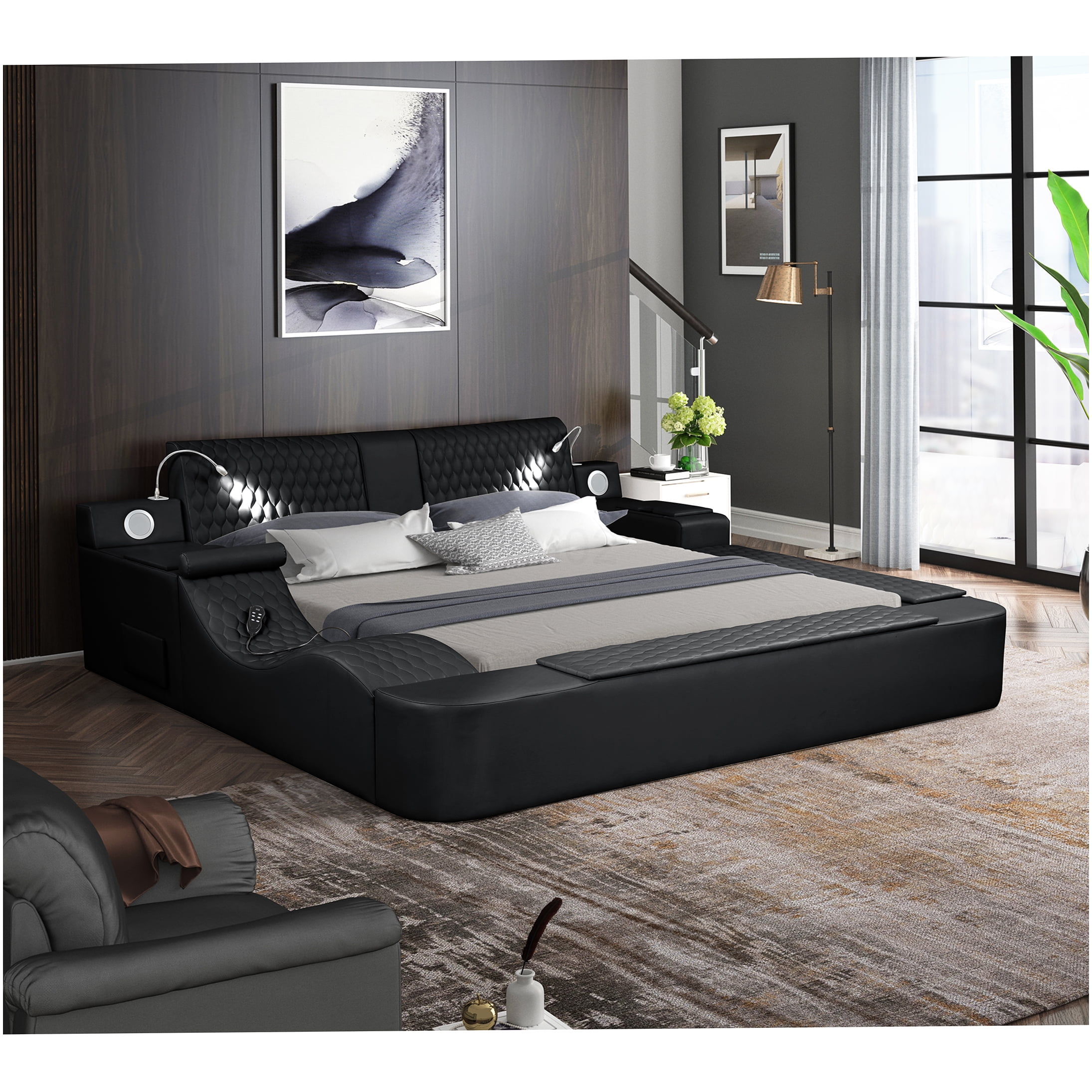 Queen Size Upholstered Storage Bed with Massage, Bluetooth Speakers ...