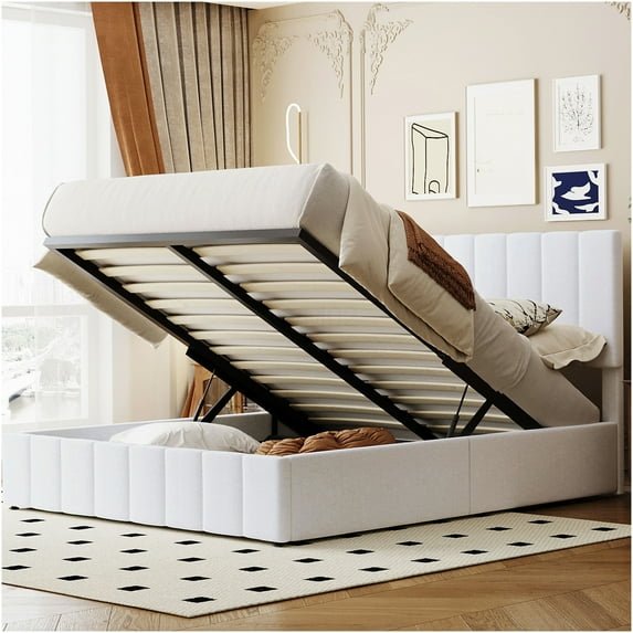 Queen Size Upholstered Storage Platform Bed with Hydraulic Lift and ...