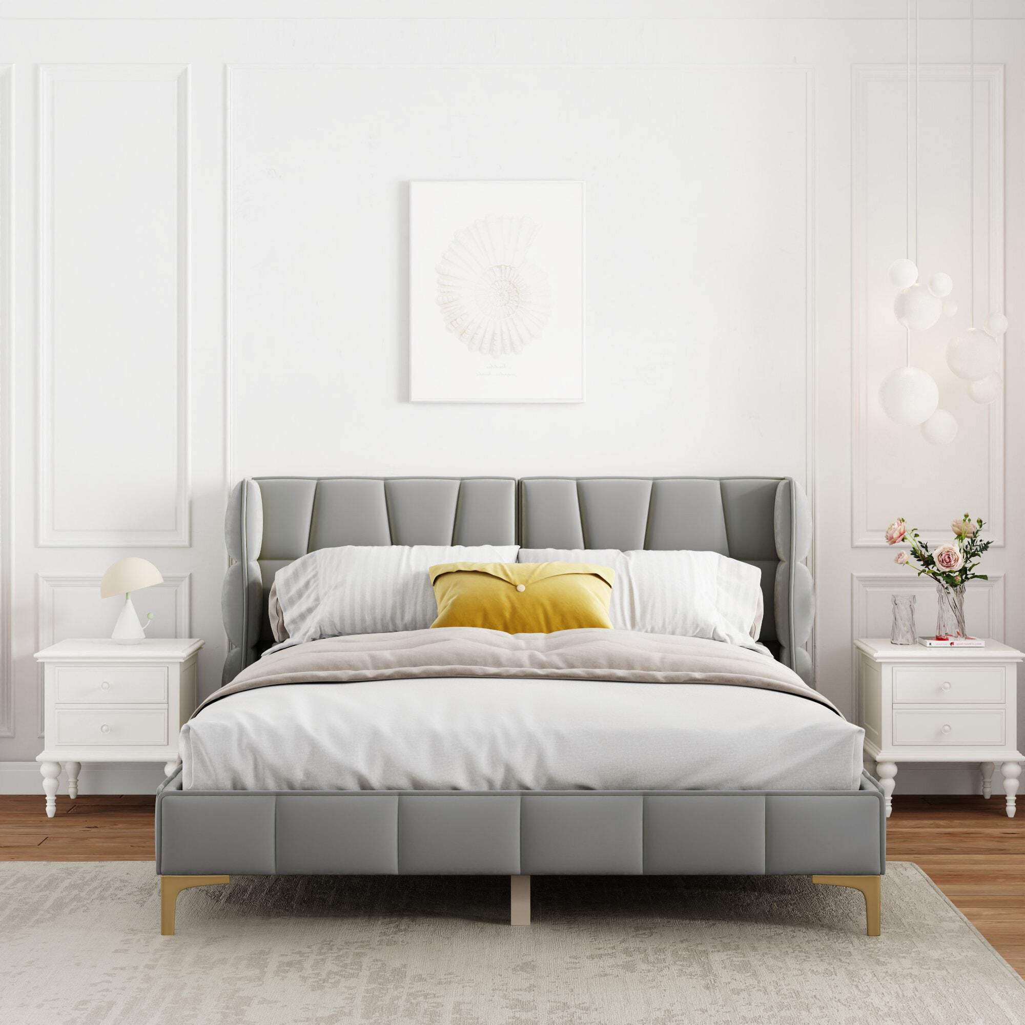 Queen Size Upholstered Velvet Platform Bed, Gray Box Spring Not ...