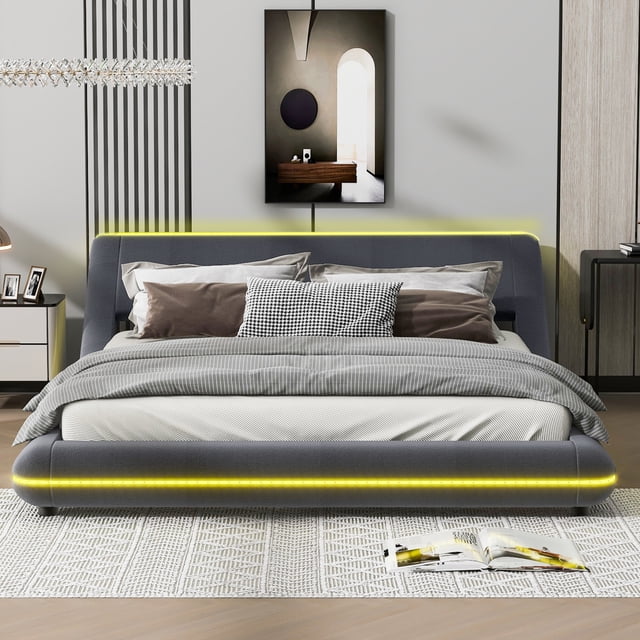 Queen Size Upholstery Platform Bed with Sloped Headboard, Wave-Like ...