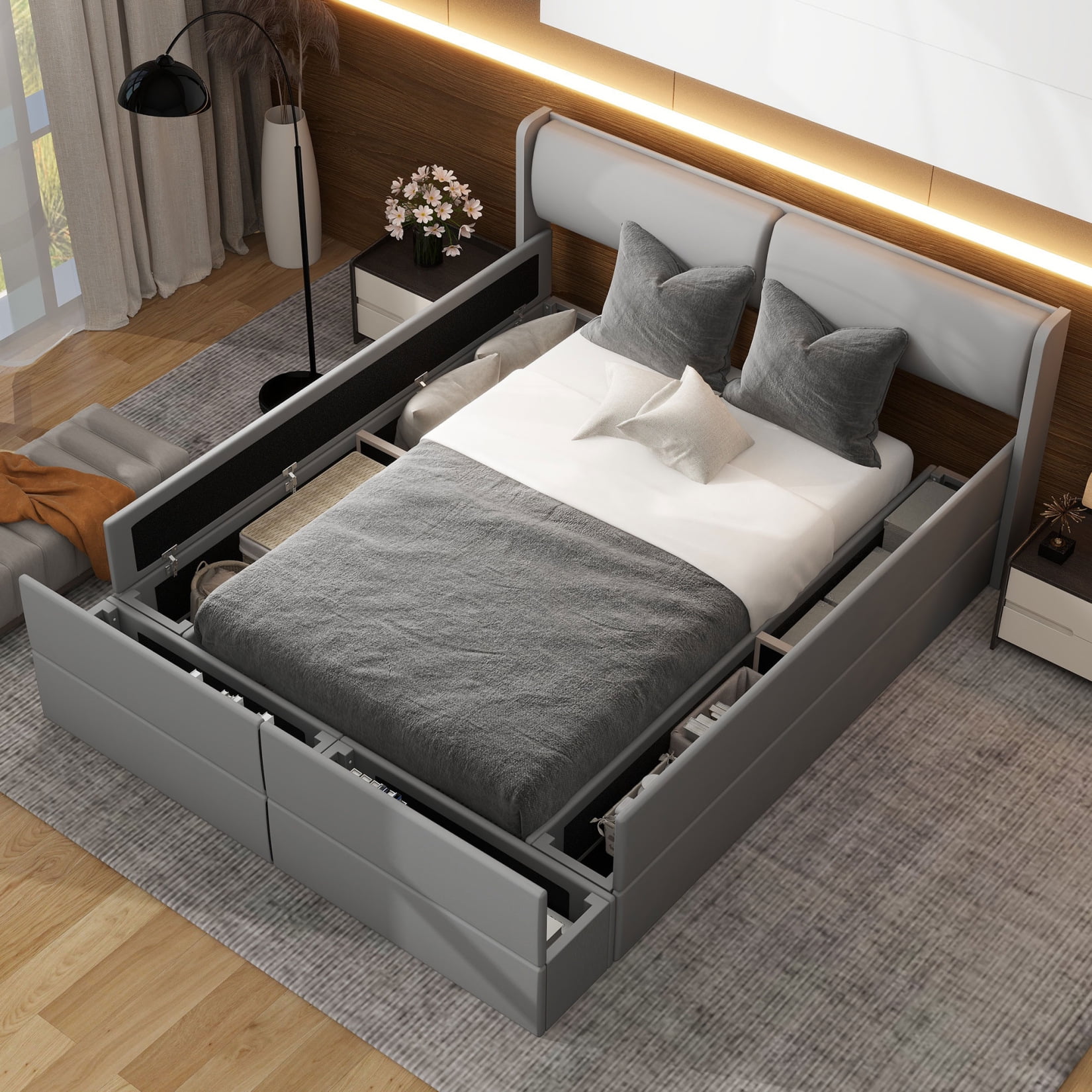 Queen Size Upholstery Platform Bed with Storage Space on Both Sides ...