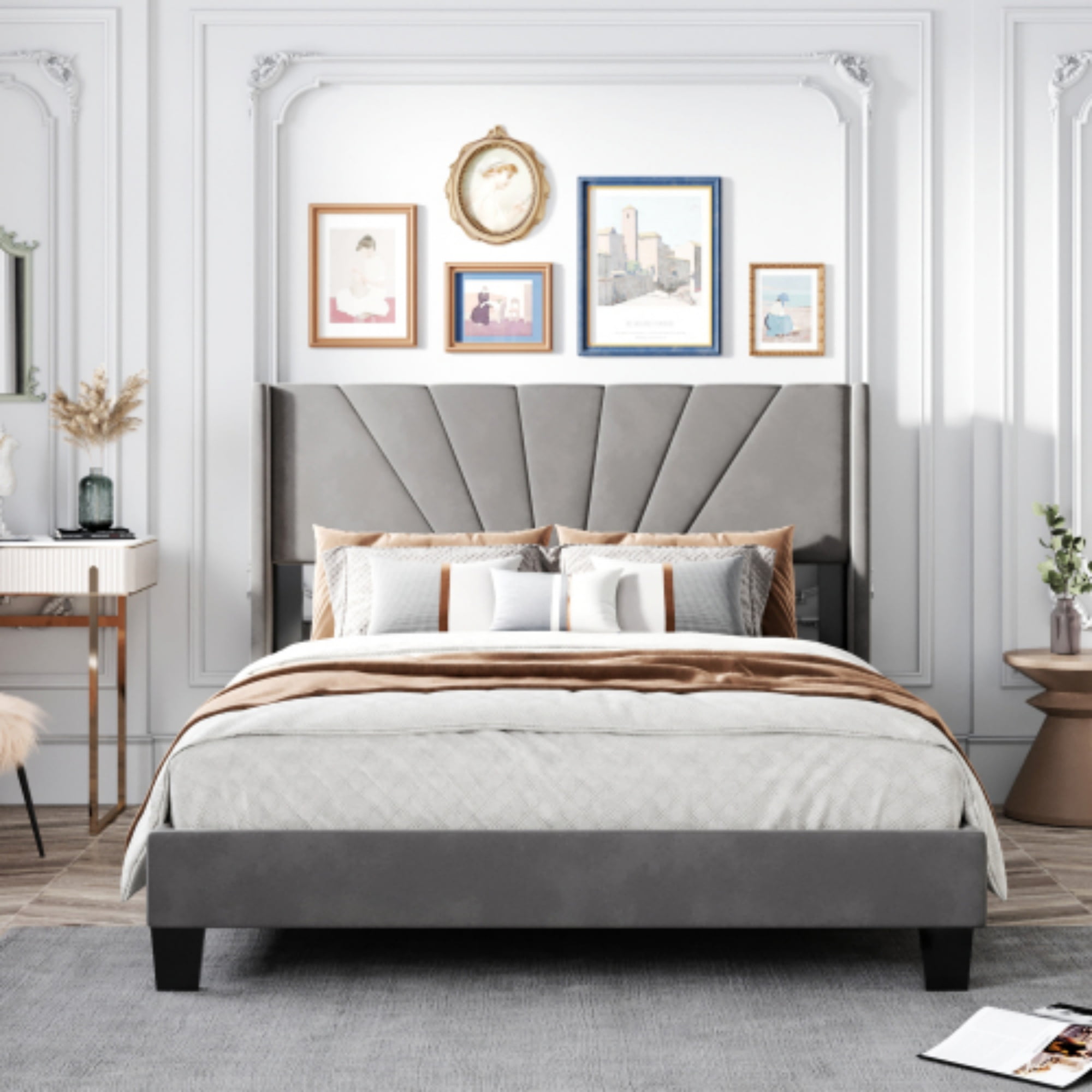 Queen Size Velvet Bed Frame, Tufted Bed Frame Queen with Upholstered ...