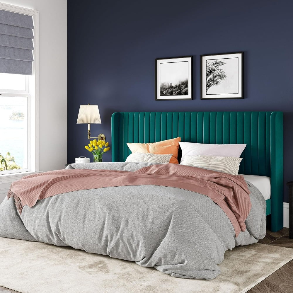 Queen Size Velvet Bed Frame with Vertical Channel Tufted Wingback ...