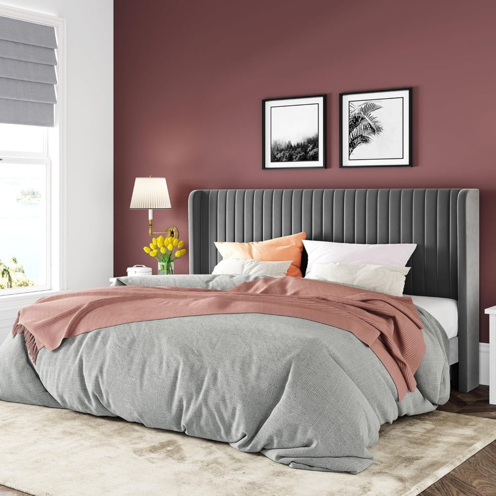 Queen Size Velvet Bed Frame with Vertical Channel Tufted Wingback ...