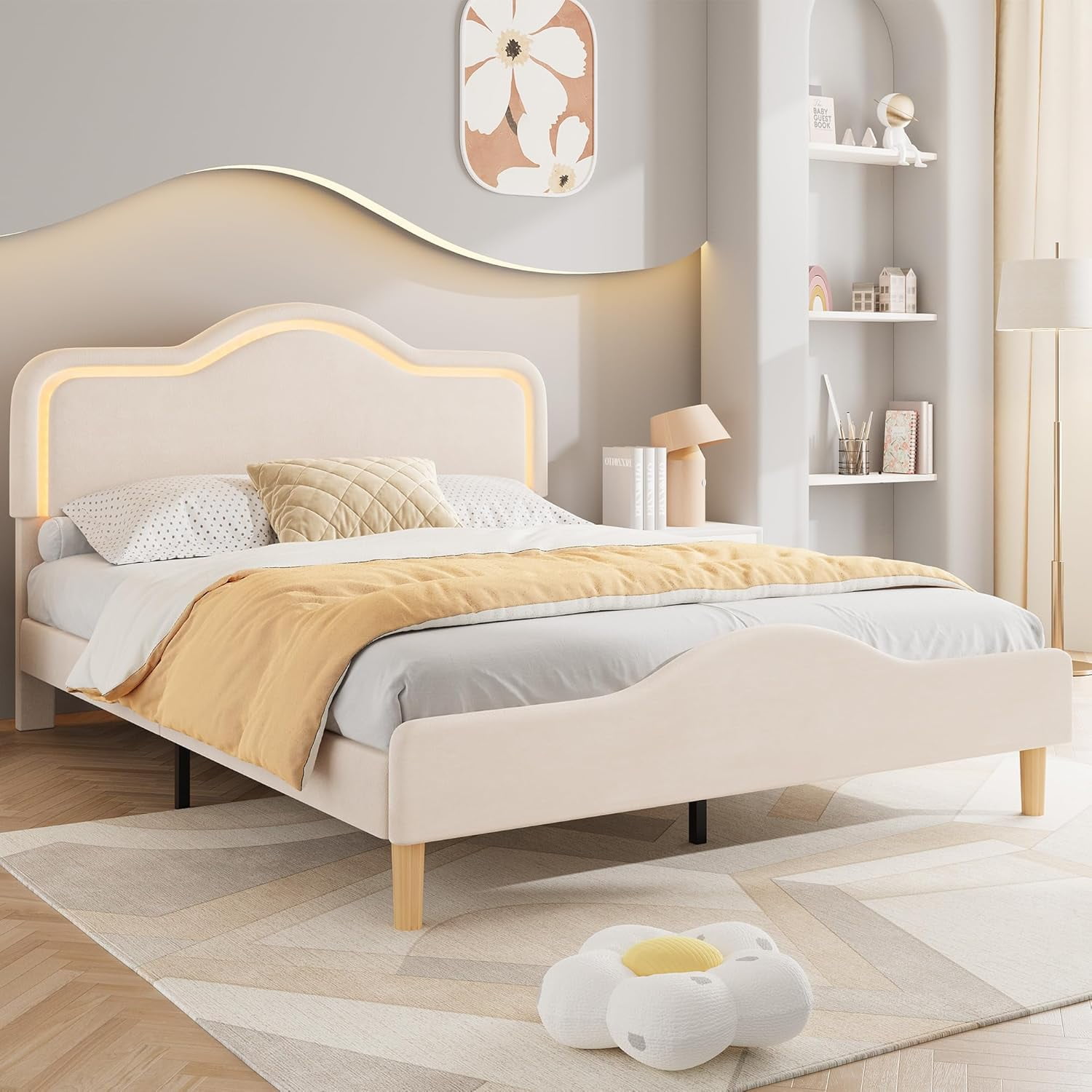 Queen Size Velvet LED Bed Frame with Adjustable Headboard, Princess ...