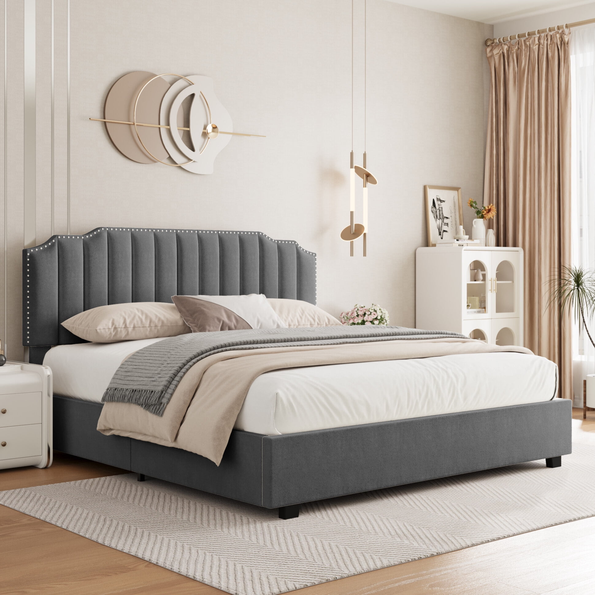 Queen Size Velvet Lift Up Bed with Storage Space and Nailhead Trim ...