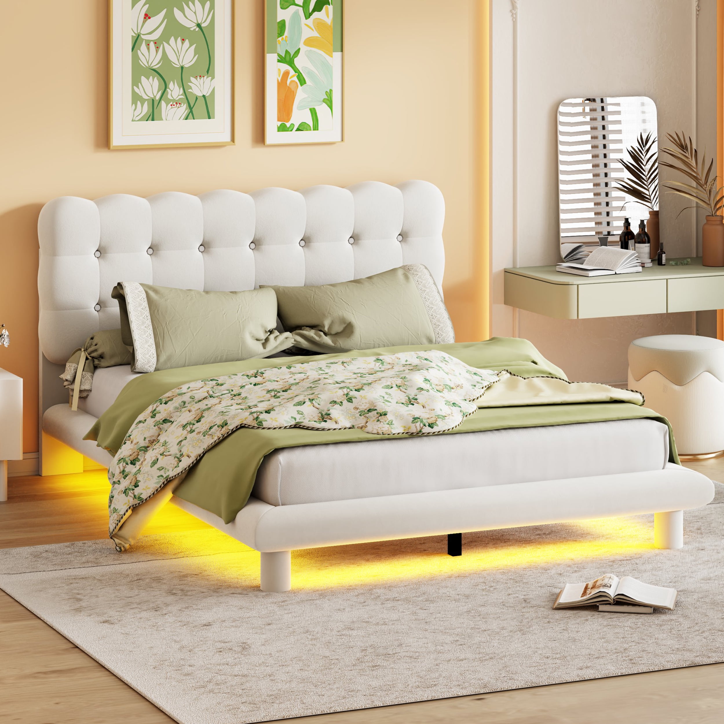 Queen Size Velvet Platform Bed with LED Frame, Thick & Soft Fabric and ...
