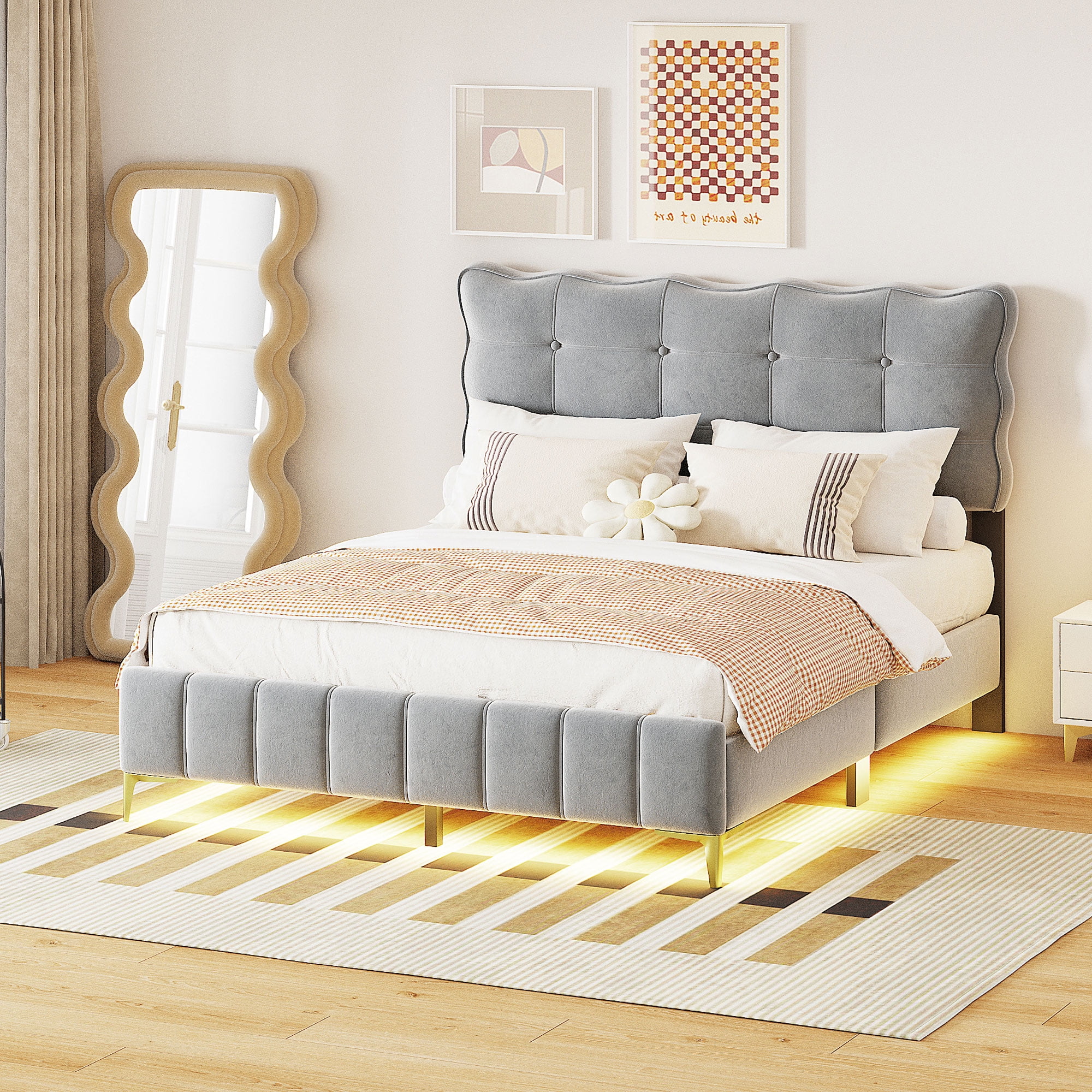 Queen Size Velvet Platform Bed with LED Frame and Stylish Mental Bed ...