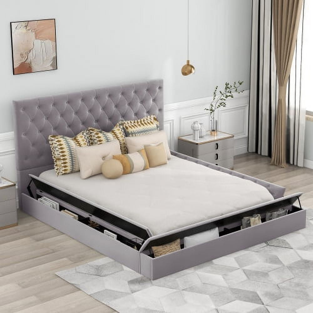 Queen Size Velvet Storage Bed Frame, Low Profile Upholstery Platform ...