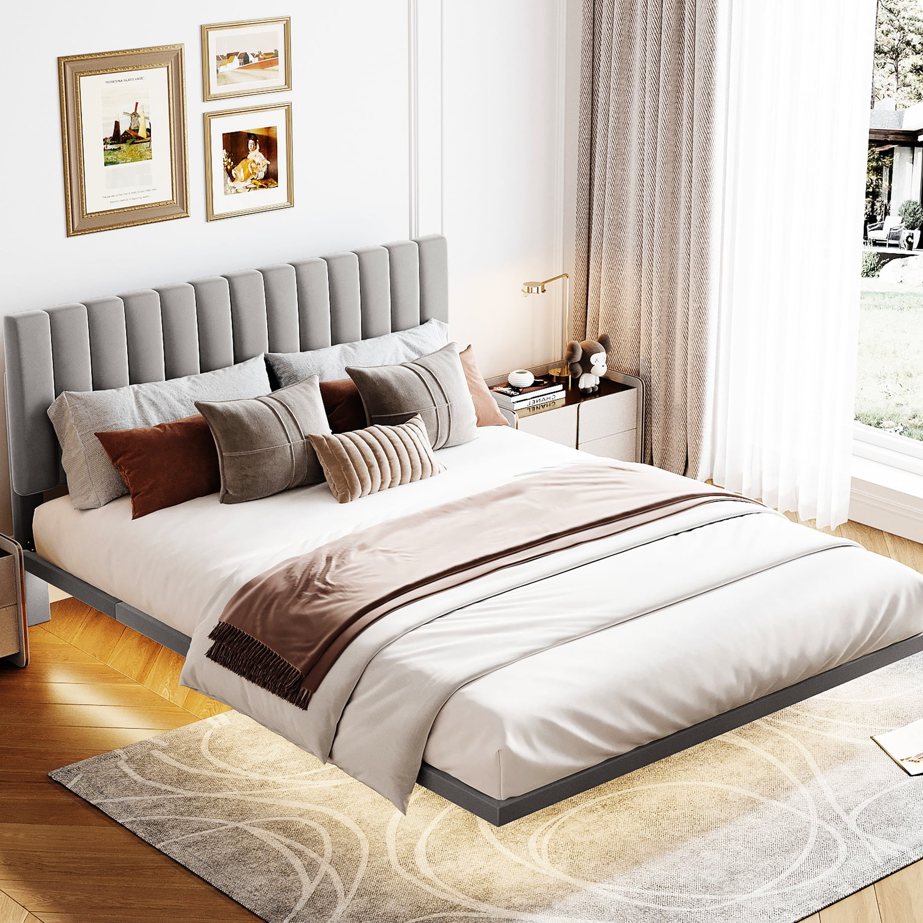 Queen Size Velvet Upholstered Bed With Sensor , Floating Platform ...