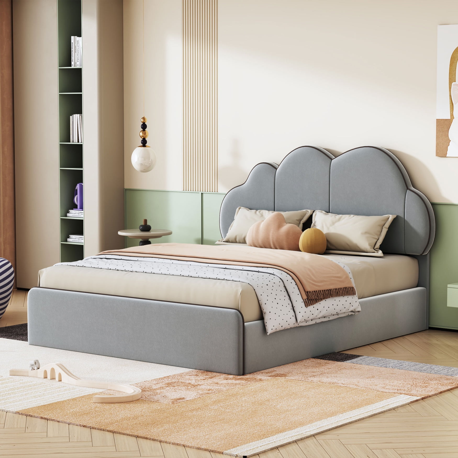 Queen Size Velvet Upholstered Platform Bed with Cloud Headboard Cute Wooden Bed Frame with Sturdy Slats Support No Box Spring Needed Easy Assembly