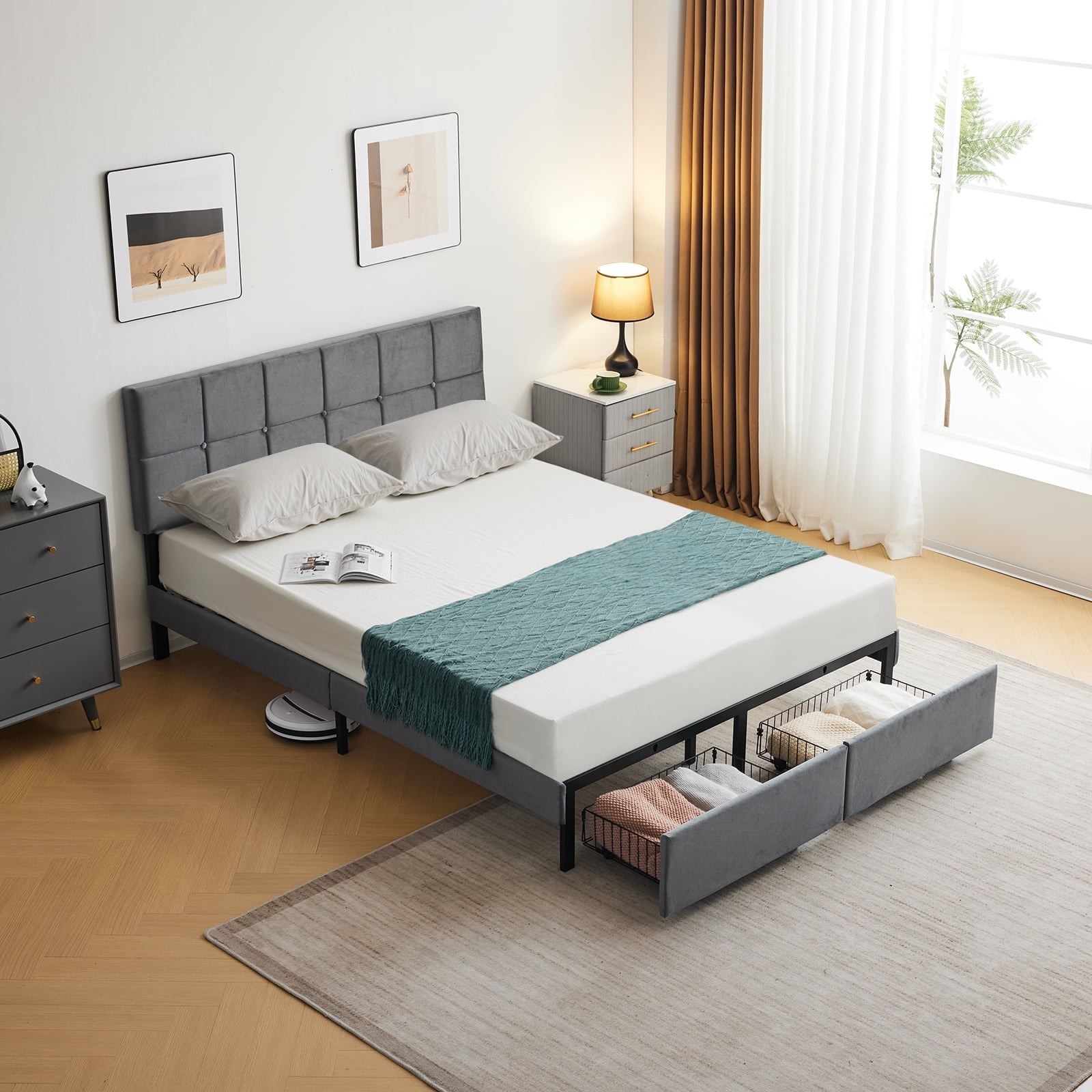 Queen Size Velvet Upholstered Platform Bed with Storage Drawers ...