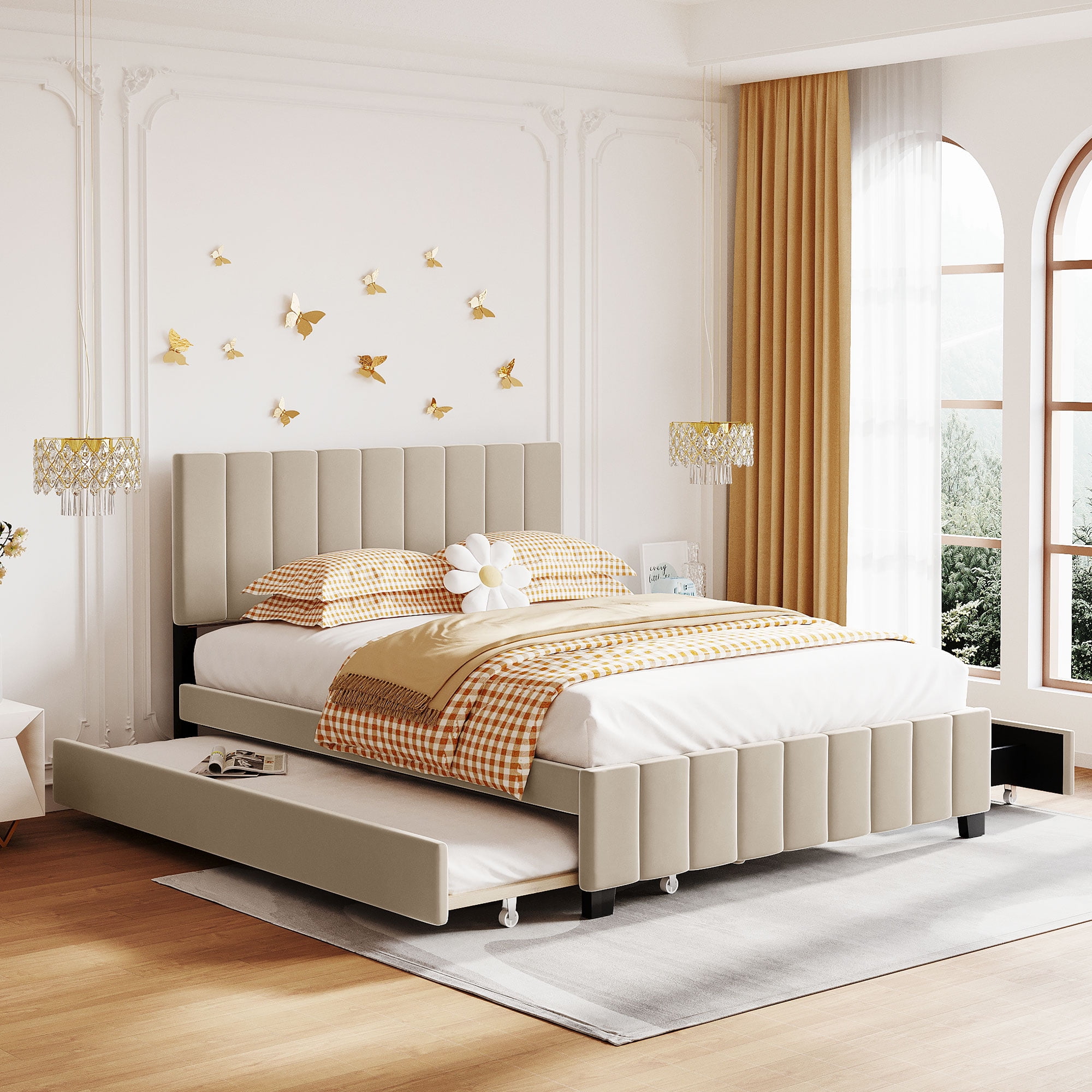 Queen Size Velvet Upholstered Platform Bed with 2 Drawers and 1 Twin XL ...