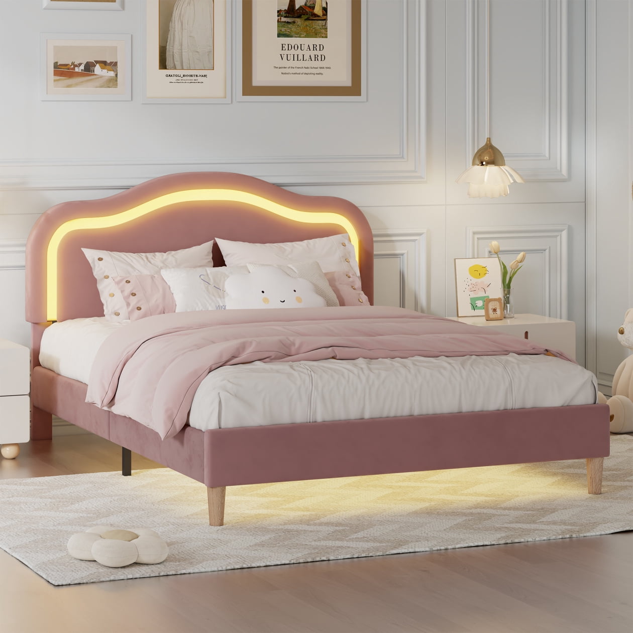 Queen Size Velvet Upholstered Smart LED Bed Frame with Adjustable Cloud ...