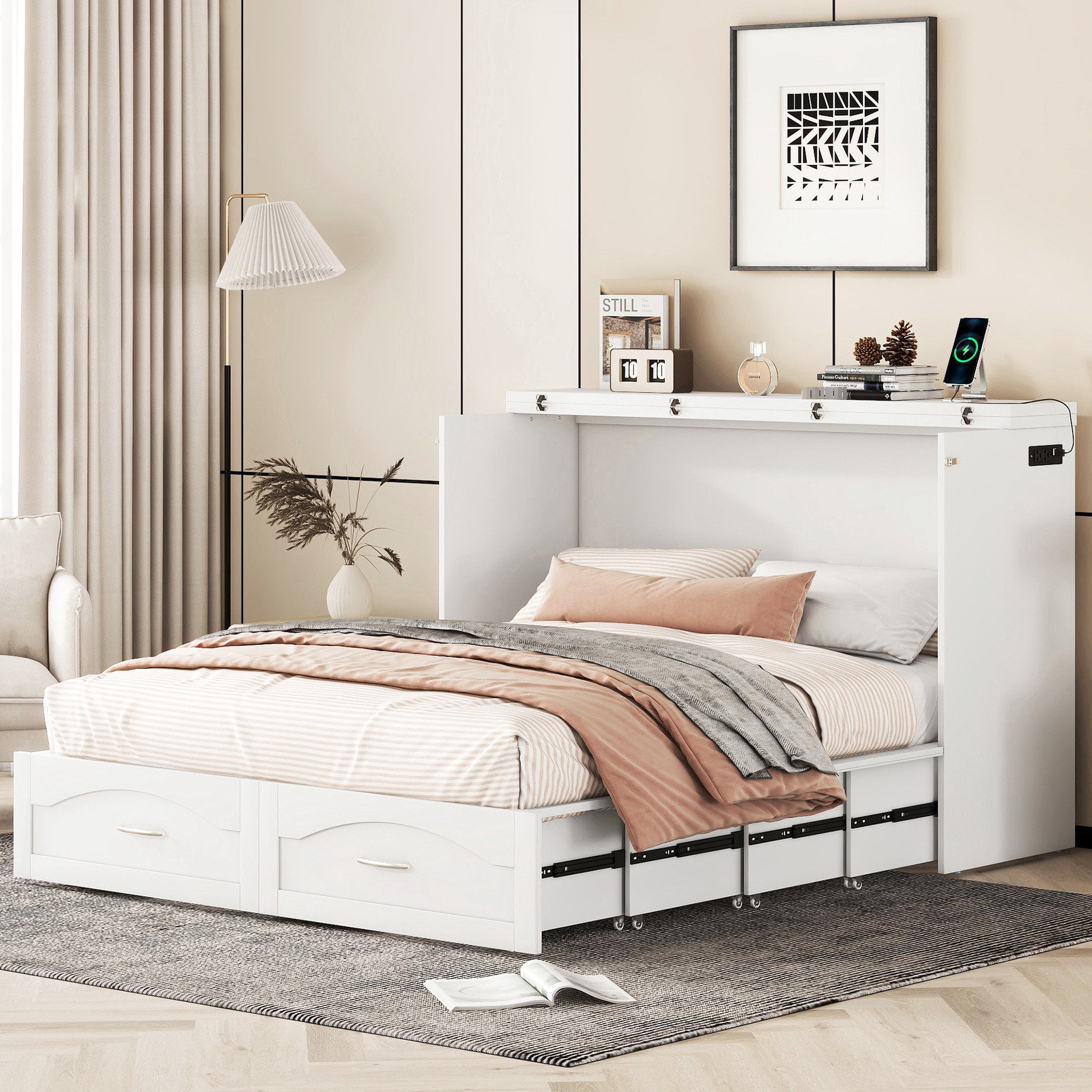 Queen Size Wall Bed - Convertible to Cabinet, Pulley Structure, White ...