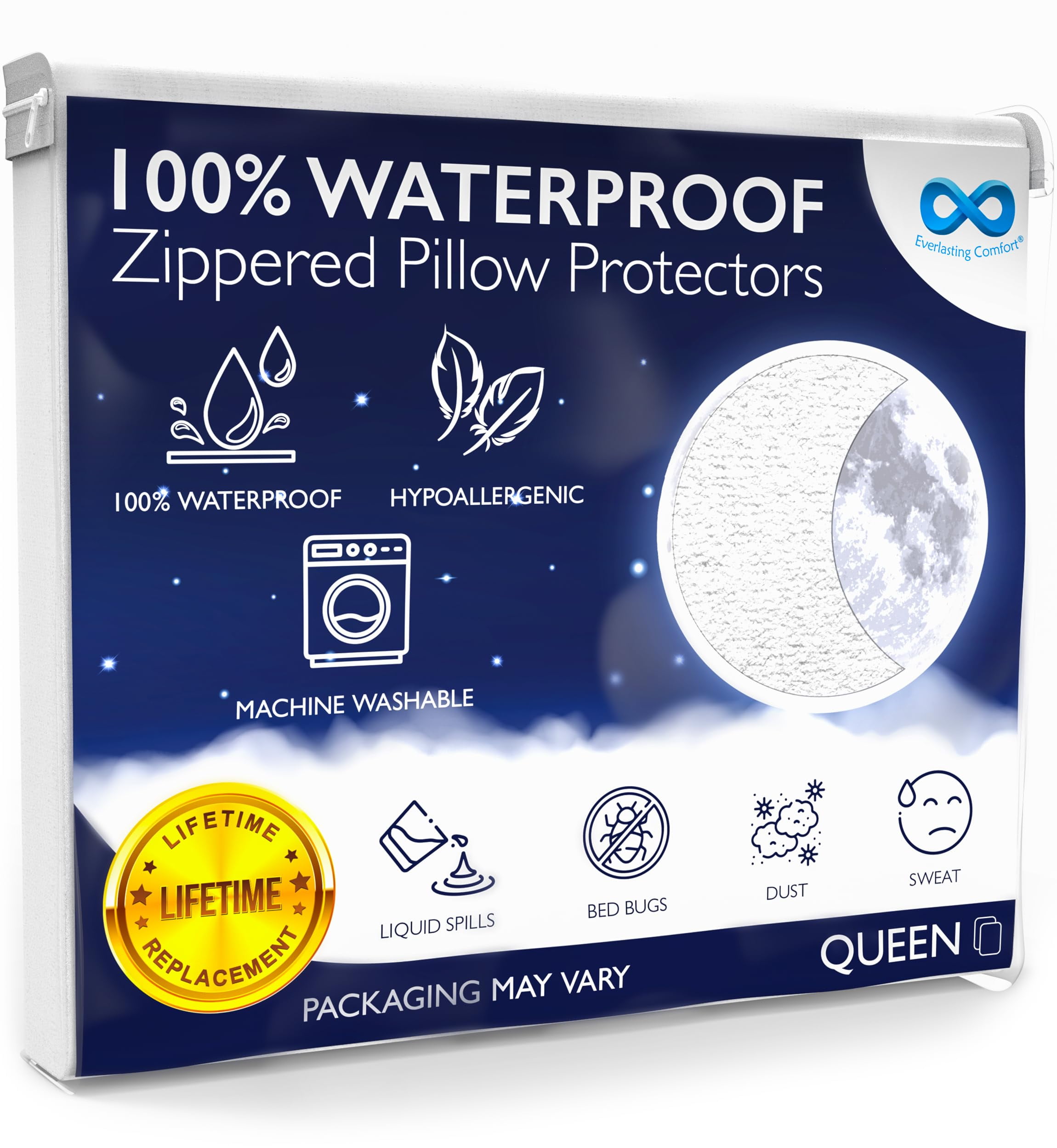Queen Size Waterproof Pillow Protectors 2-Pack, Zippered Hypoallergenic Allergy Bed Bug Dust ...