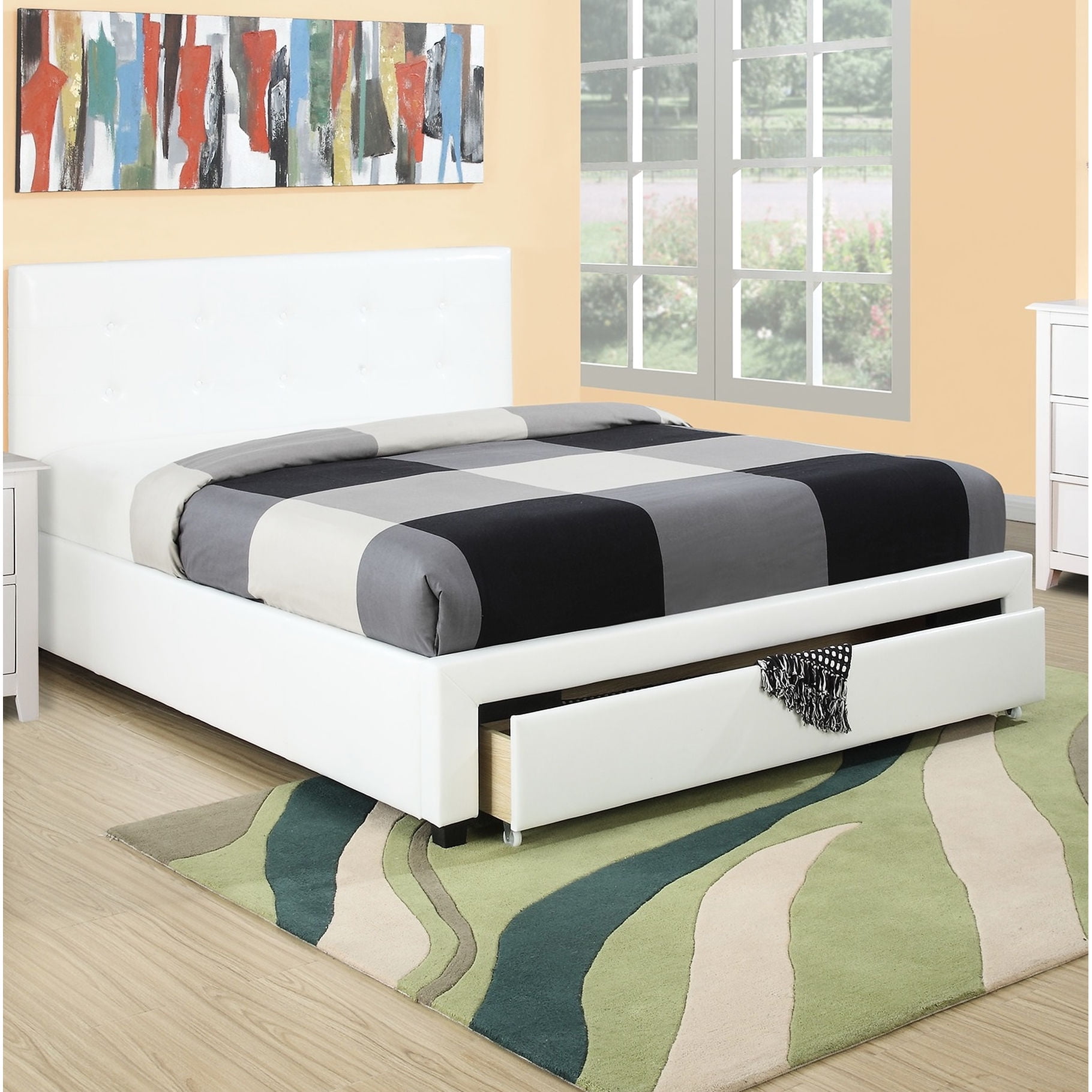 Queen Size White Bed Frame with Faux Leather | Contemporary Bedroom ...