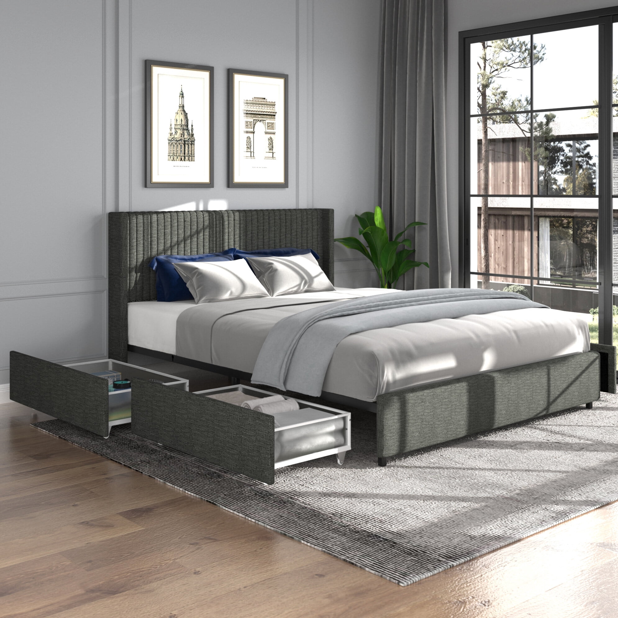 Queen Size Wingback Platform Bed Linen Upholstered Platform Bed with 4 ...