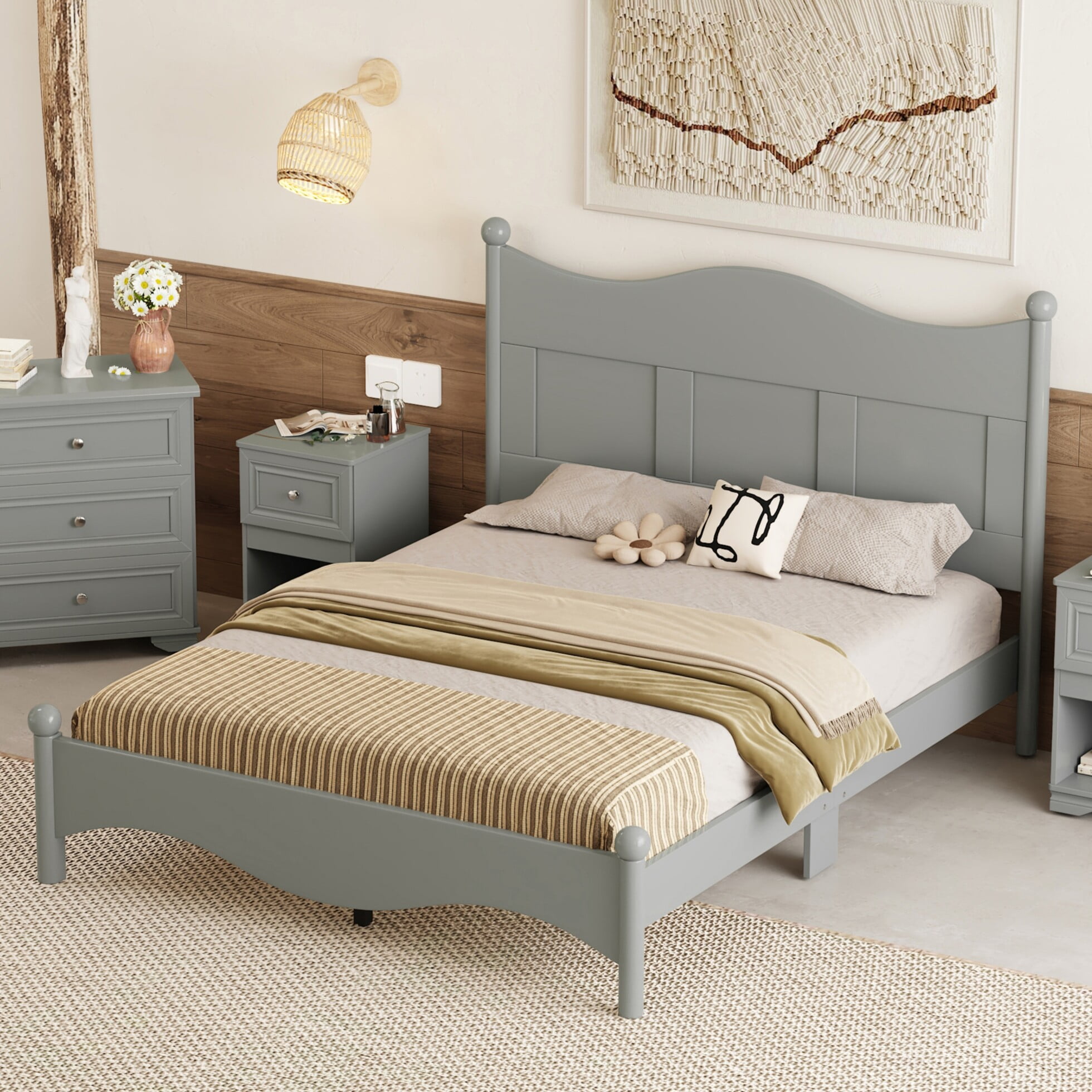 Queen Size Wood Bed Frame with Headboard, Retro Style Platform Bed with ...