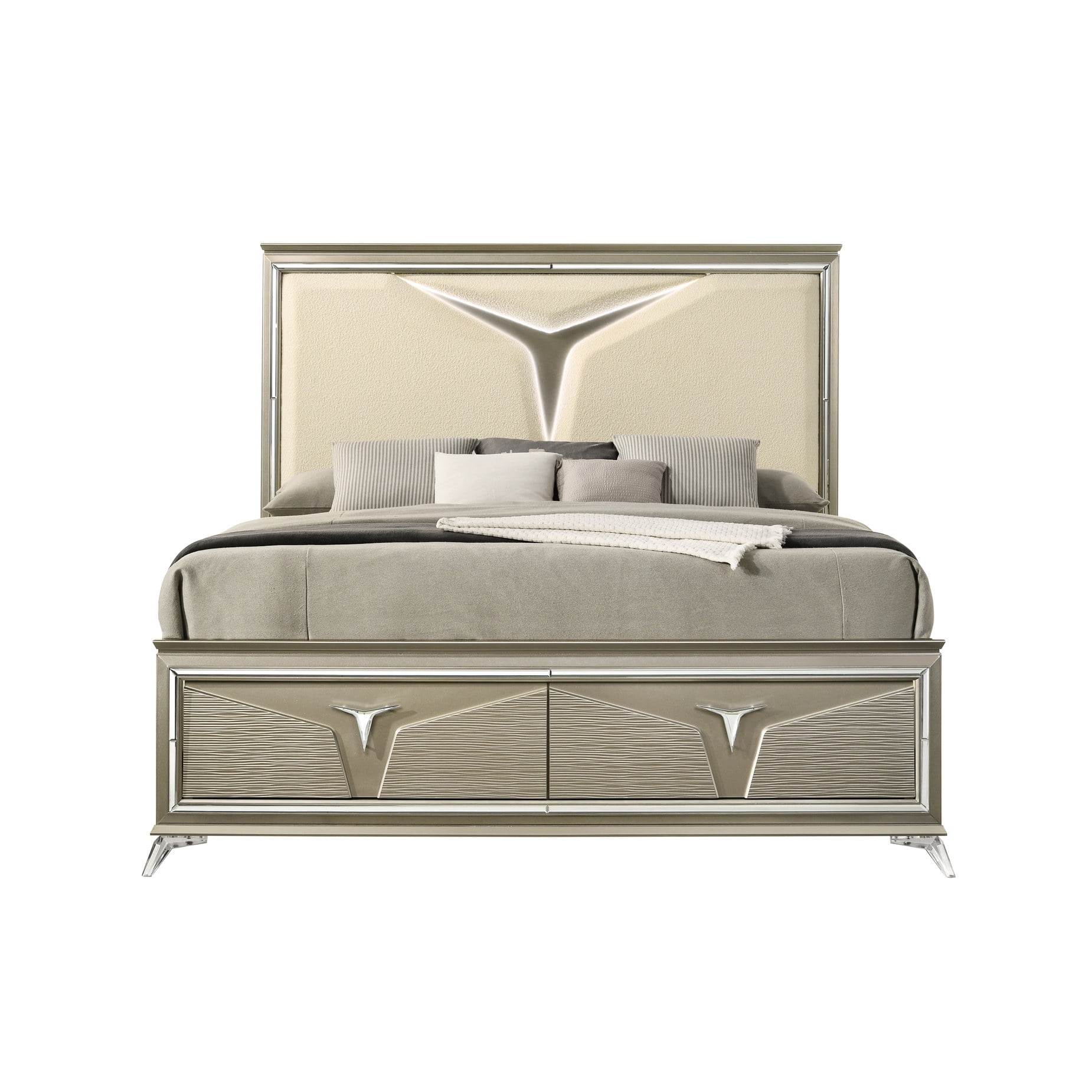 Queen Size Wood Bed, Modern LED Headboard, Transparent Legs, Storage ...