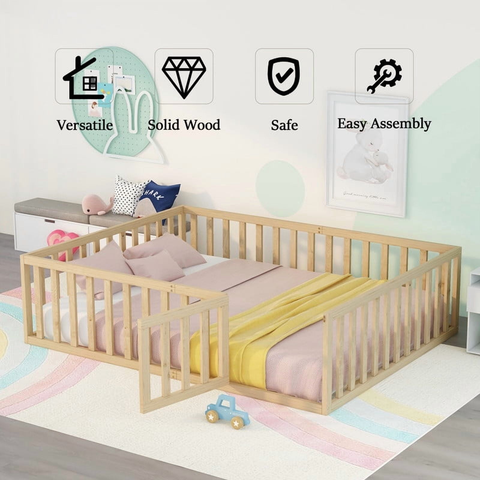 Queen Size Wood Floor Bed with Door & Fence, Montessori Bed Frame with ...