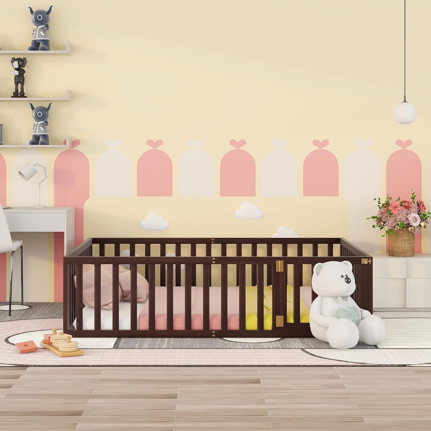 Queen Size Wood Floor Bed Frame with Fence and Door - Walmart.com