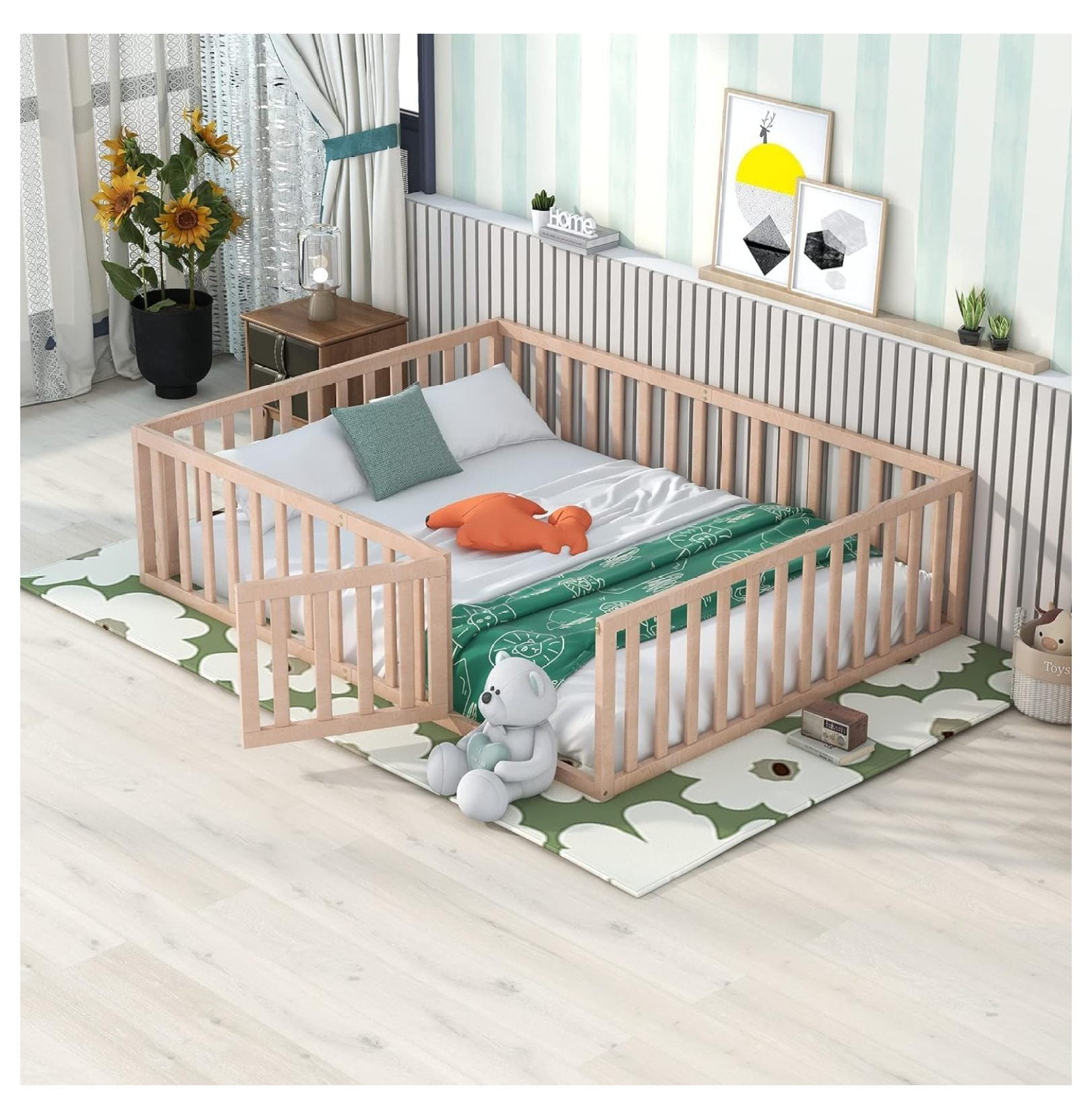 Queen Size Wood Floor Bed Frame with Safety Rails and Door, Sturdy Low ...