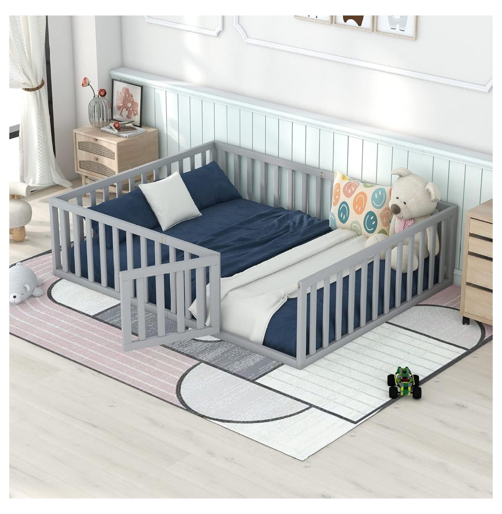 Queen Size Wood Floor Bed Frame with Safety Rails and Door, Sturdy Low ...