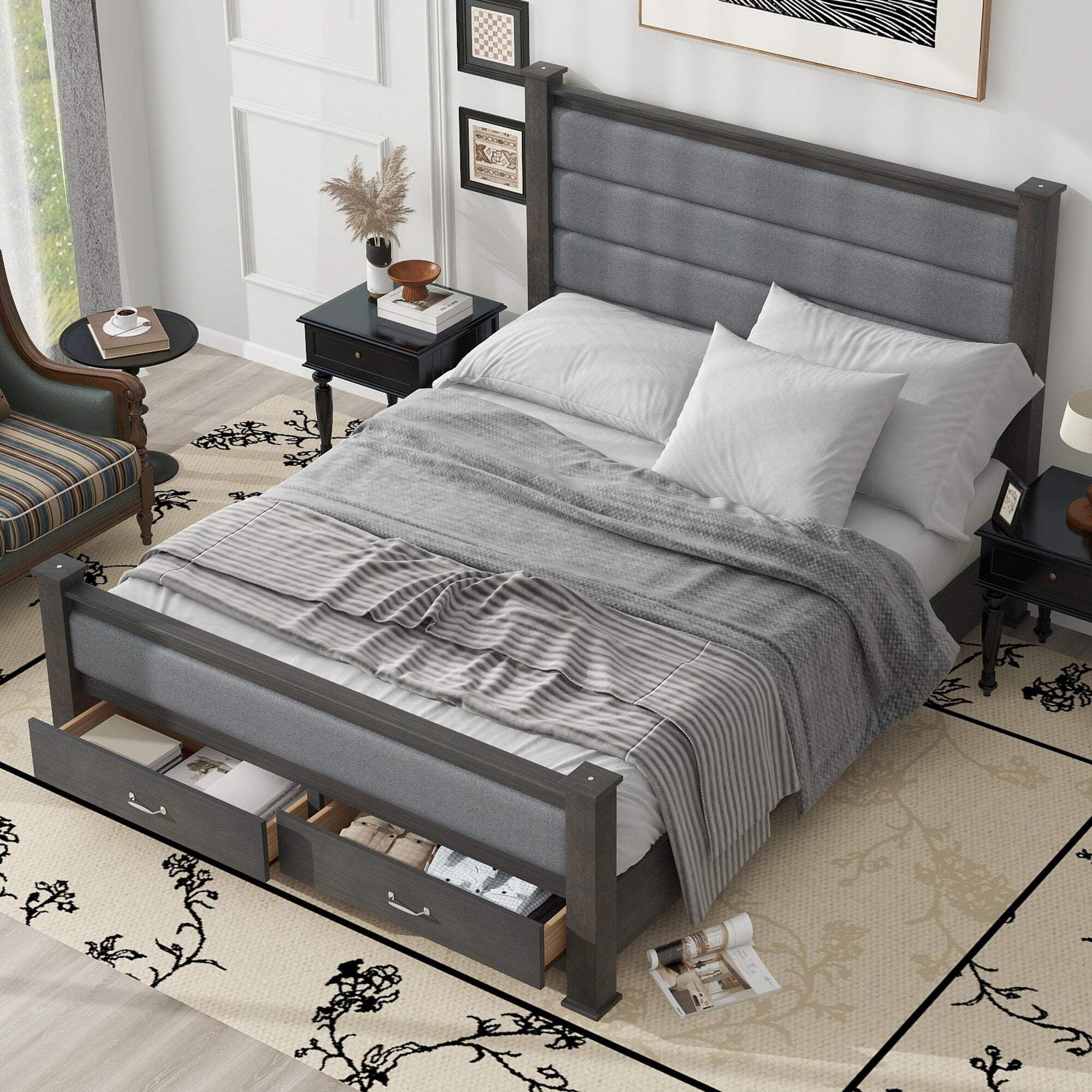 Queen Size Wood Frame Platform Bed With Upholstered Headboard ...