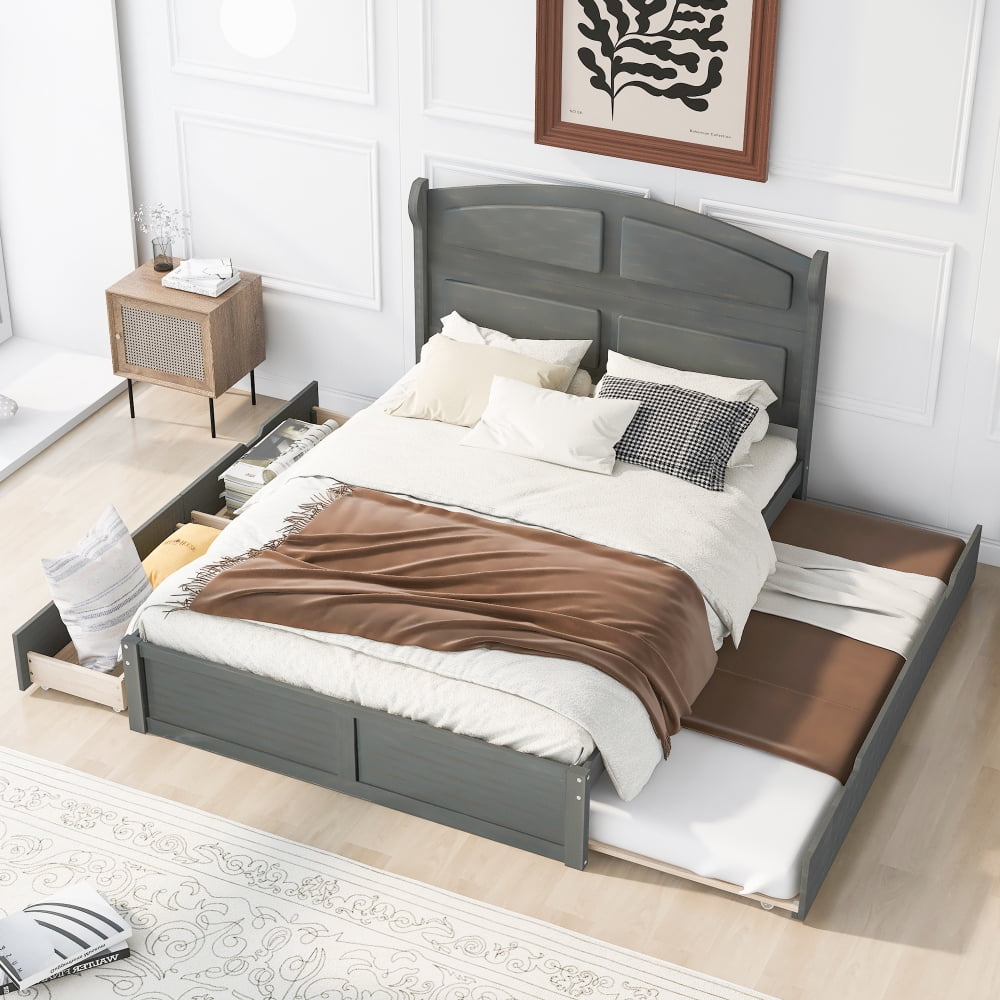 Queen Size Wood Platform Bed Frame with Twin Size Trundle Bed and 2 ...