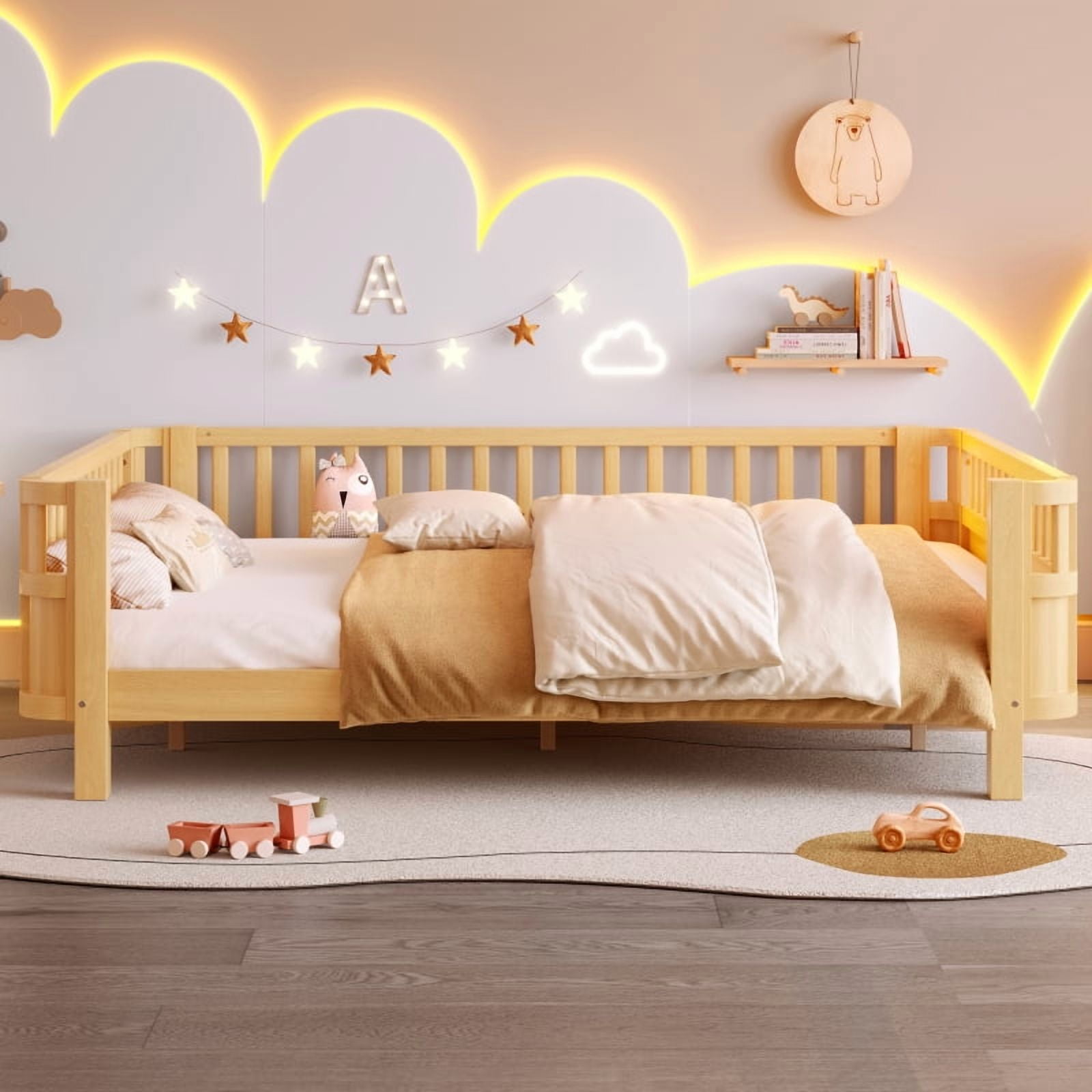 Queen Size Wood Platform Bed, with Safety Guardrails and Detachable ...