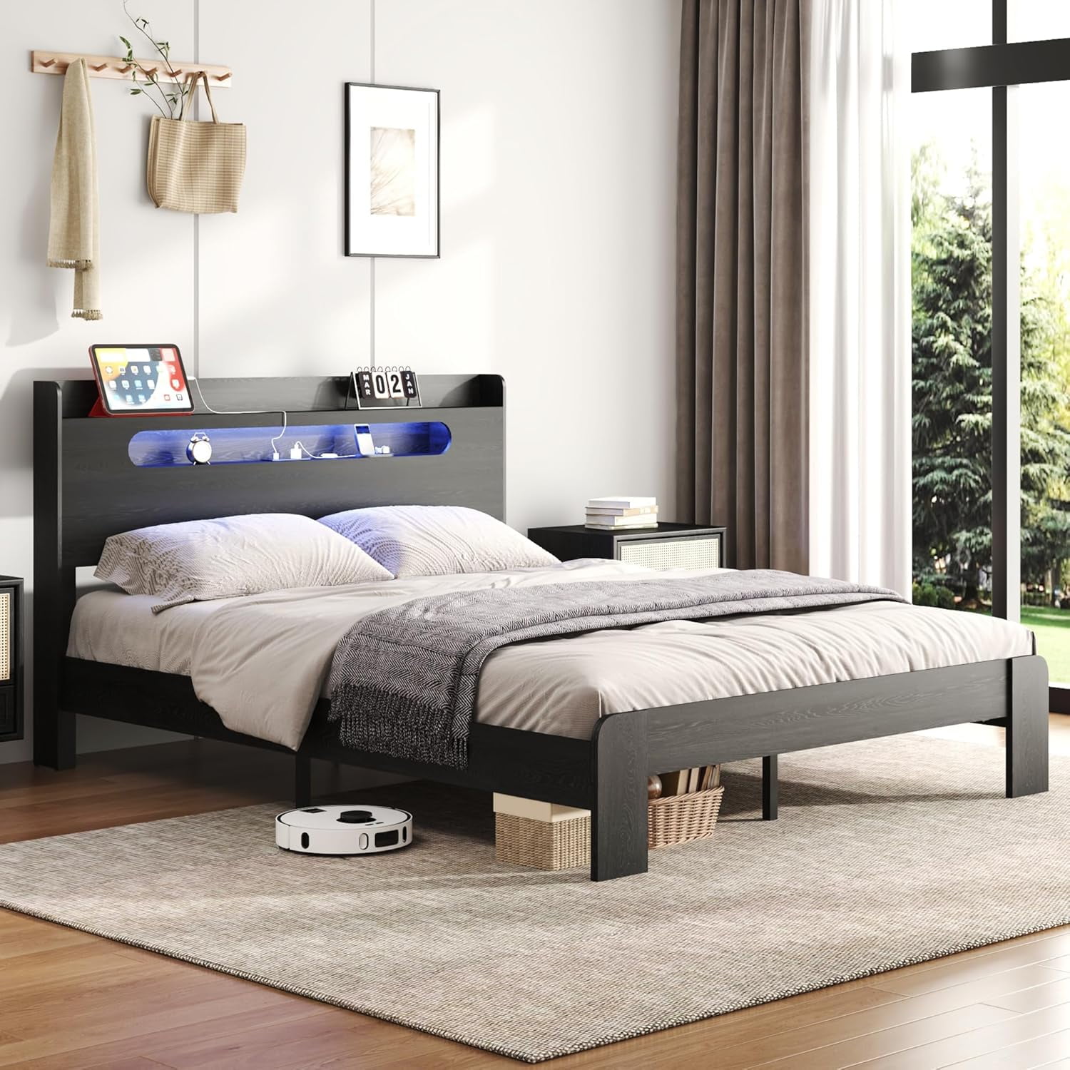 Queen Size Wooden Bed Frame with Headboard, Platform Bedframe with ...