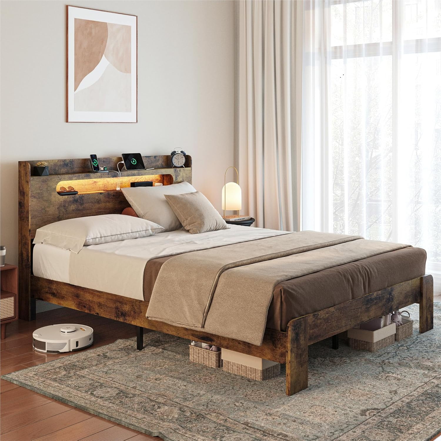 Queen Size Wooden Bed Frame with Headboard, Wood Bed Frame with ...