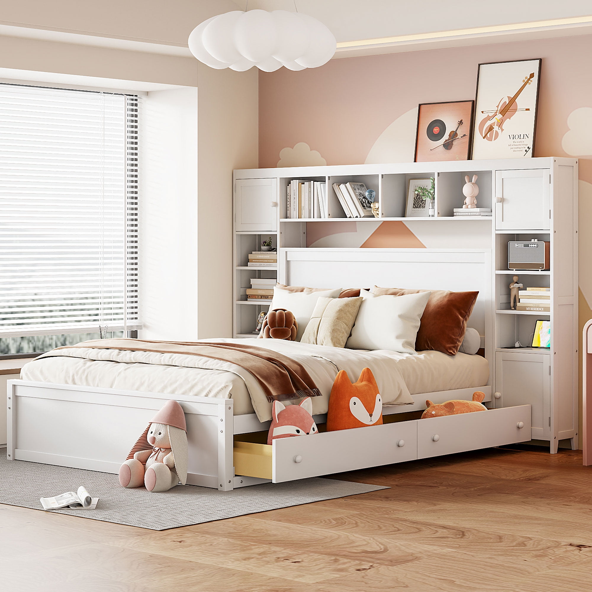 Queen Size Wooden Bed Frame w/ Storage, Outlets - White, Solid Wood, 94 ...