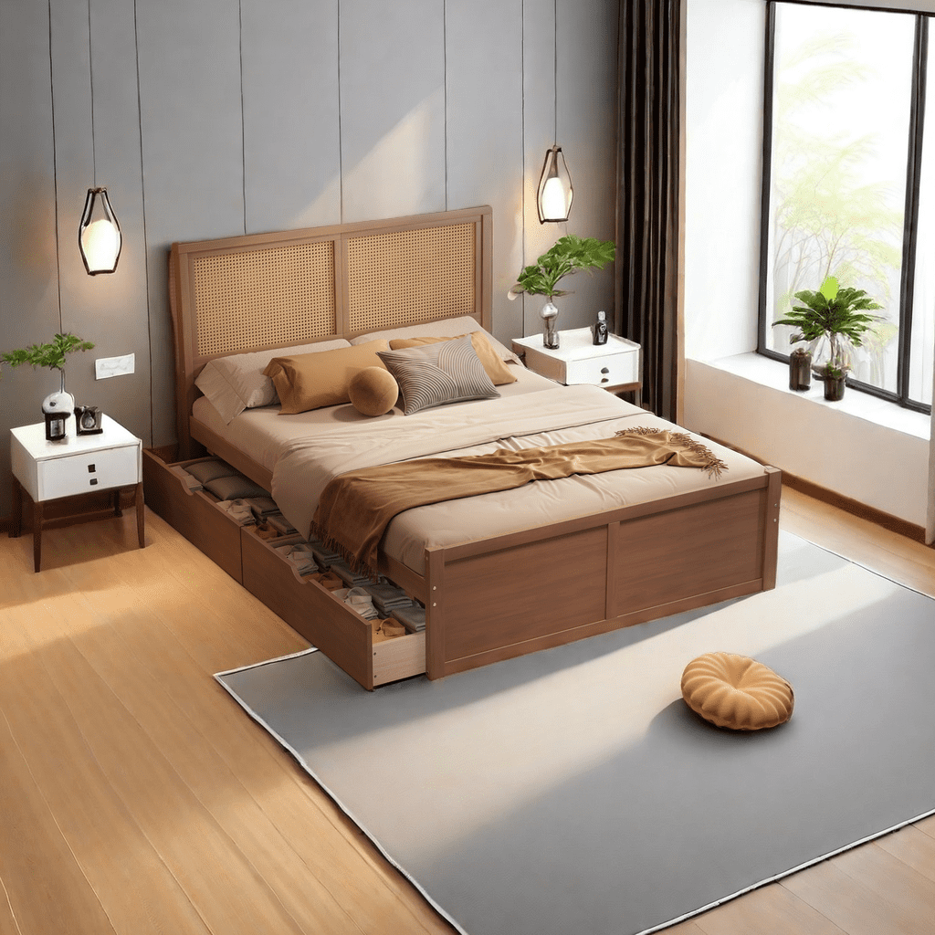 Queen Size Wooden Bed Frame with 4 Storage Drawers, Platform Bed with ...